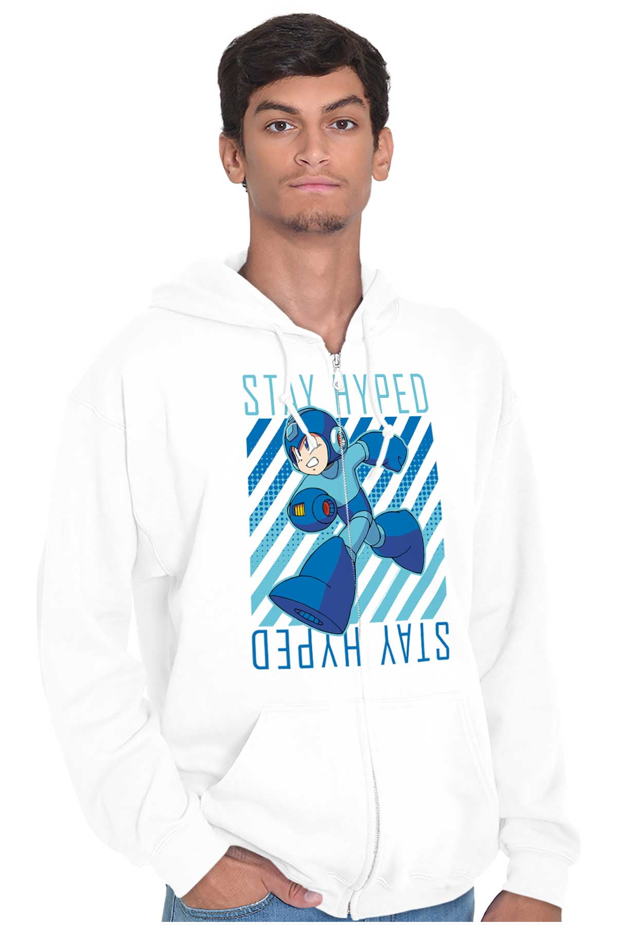 Mega Man Video Game Stay Hyped Zip Up Hoodie Men's Women's Brisco ...
