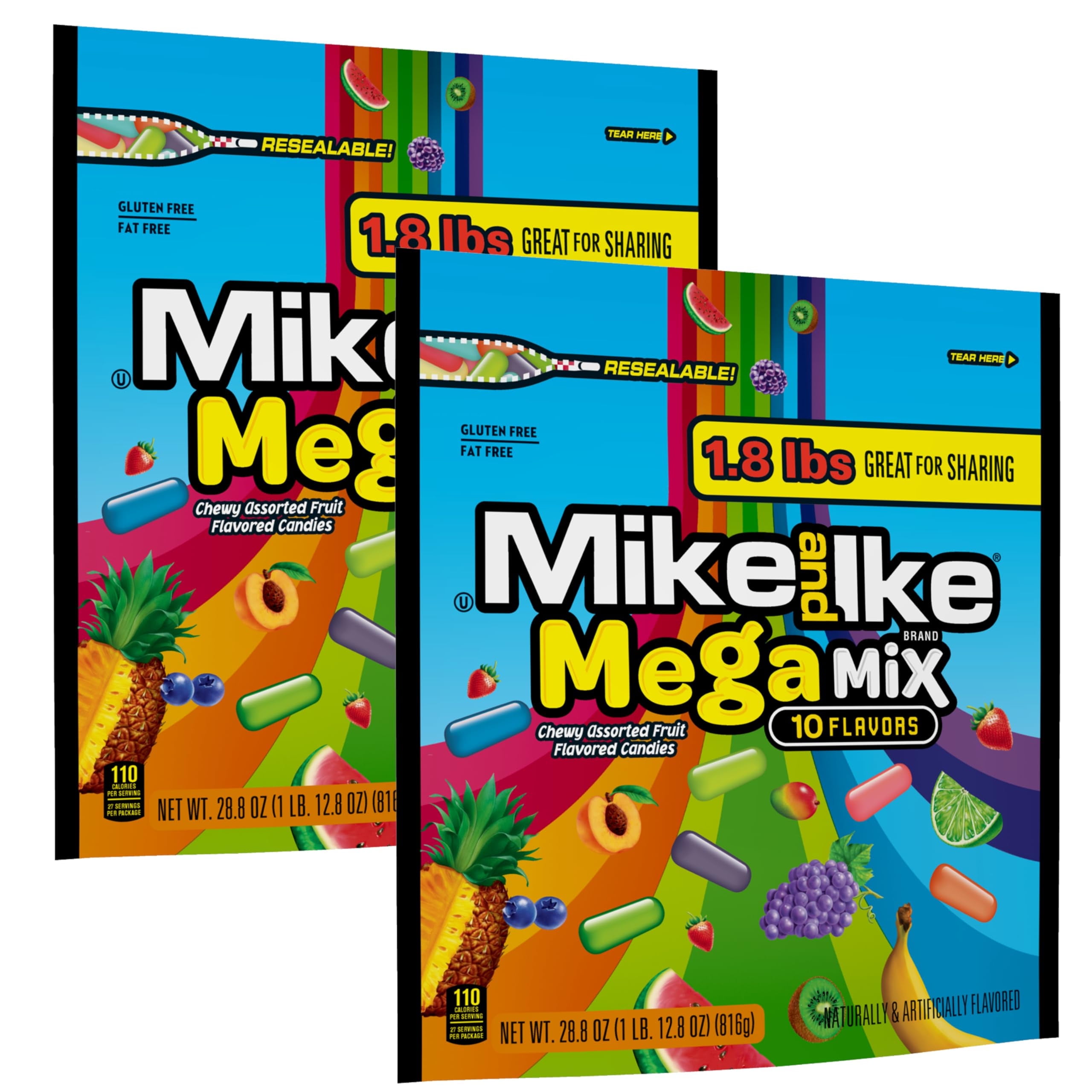 Mega Mix Mike and Ike Candy, 28.8 Ounce Bag (Pack of 2), Chewy Candy ...