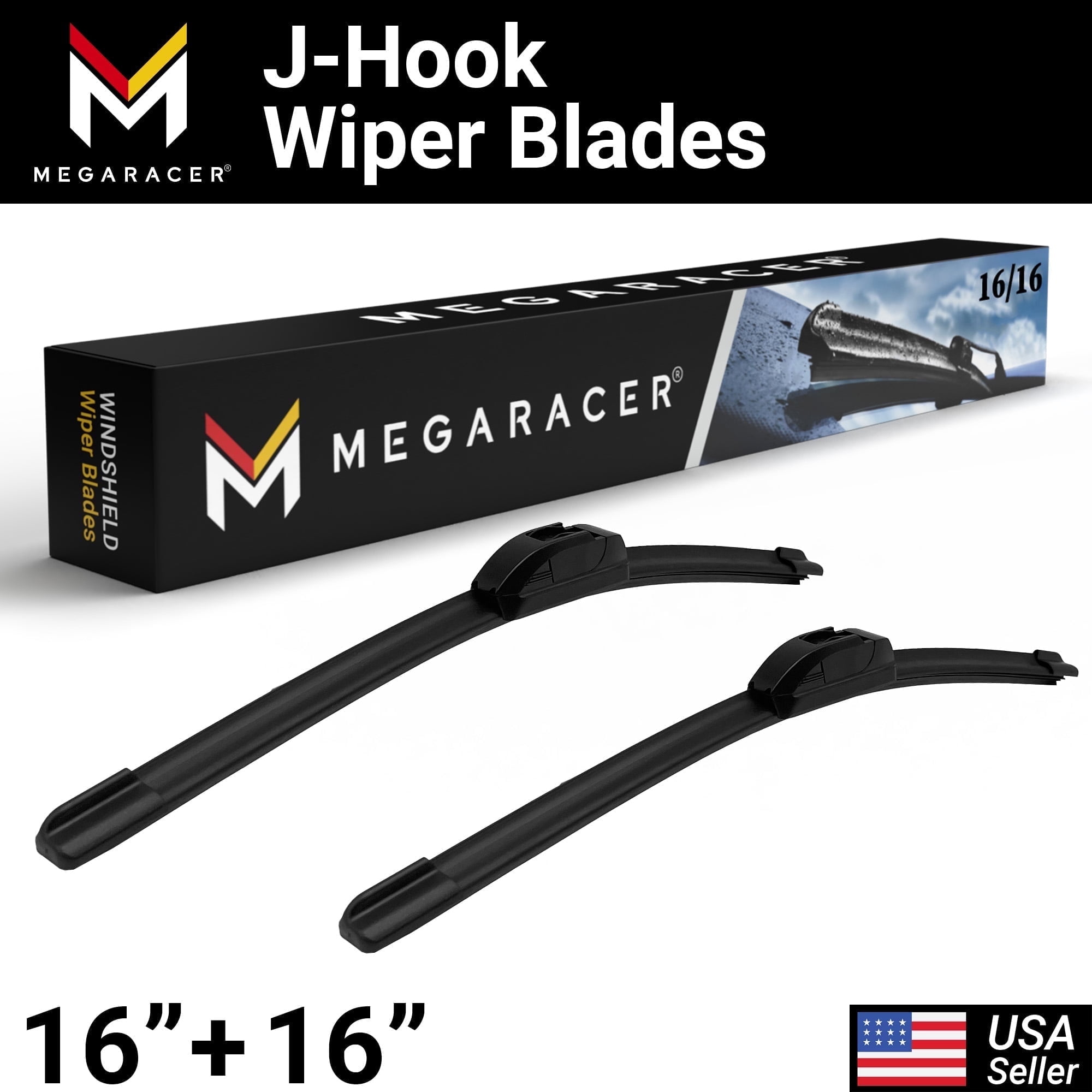Mega Racer (2 Pack) 16"+ 16" Windshield Wipers J Hook All-Season Beam ...