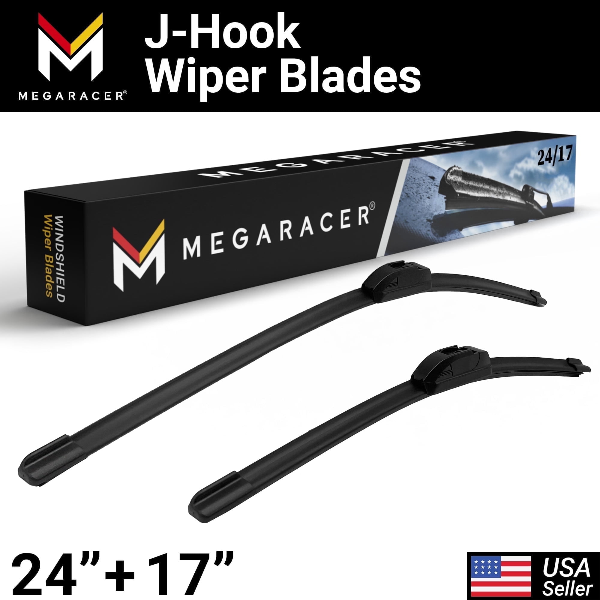Mega Racer (2 Pack) 24"+ 17" Windshield Wipers J Hook All-Season Beam ...