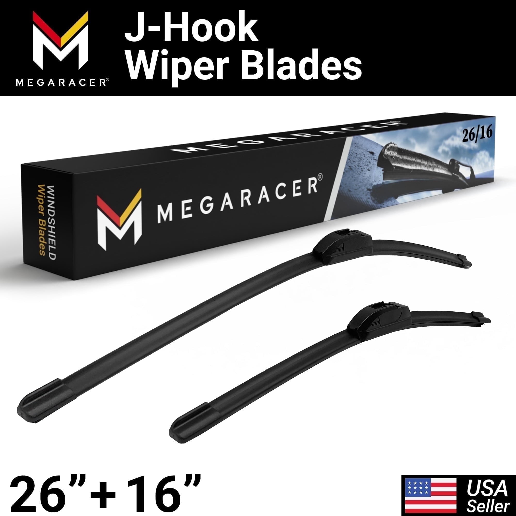 Mega Racer (2 Pack) 26"+ 16" Windshield Wipers J Hook All-Season Beam ...