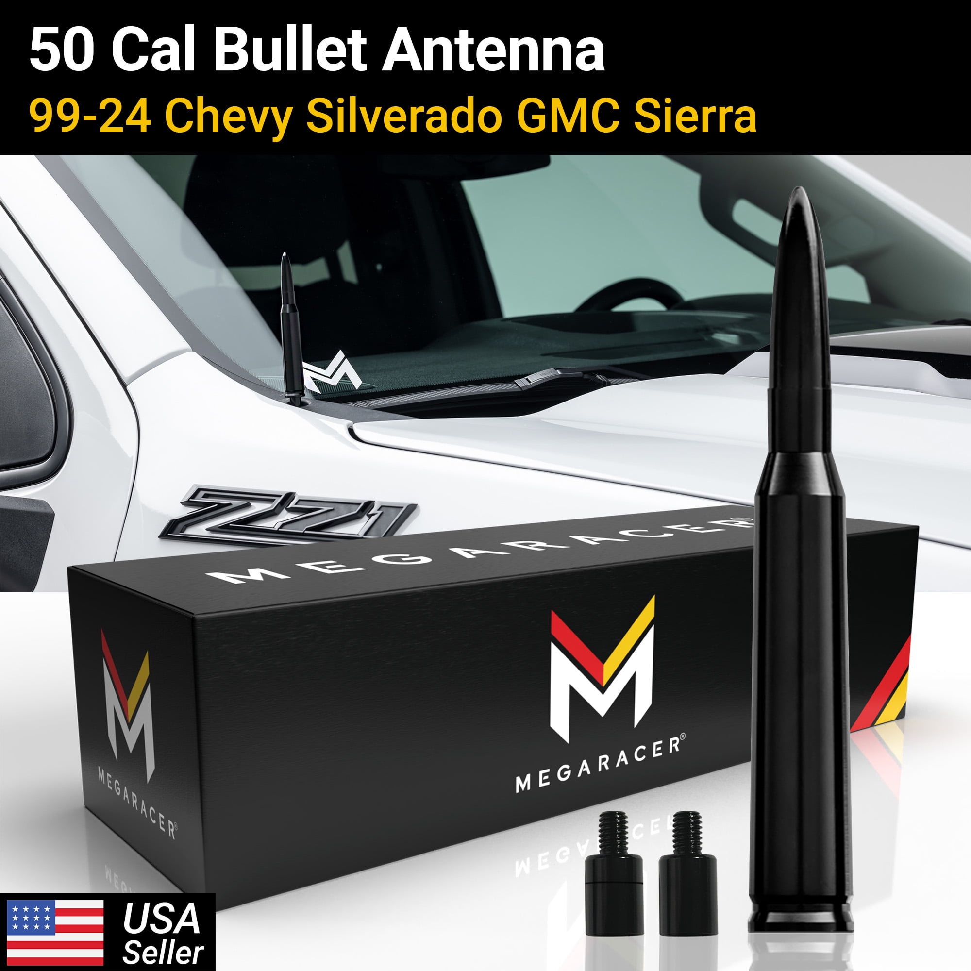 Mega Racer Black 50 Cal Bullet Antenna 1999-2024 Chevy Silverado GMC Sierra Truck Car Antenna ...