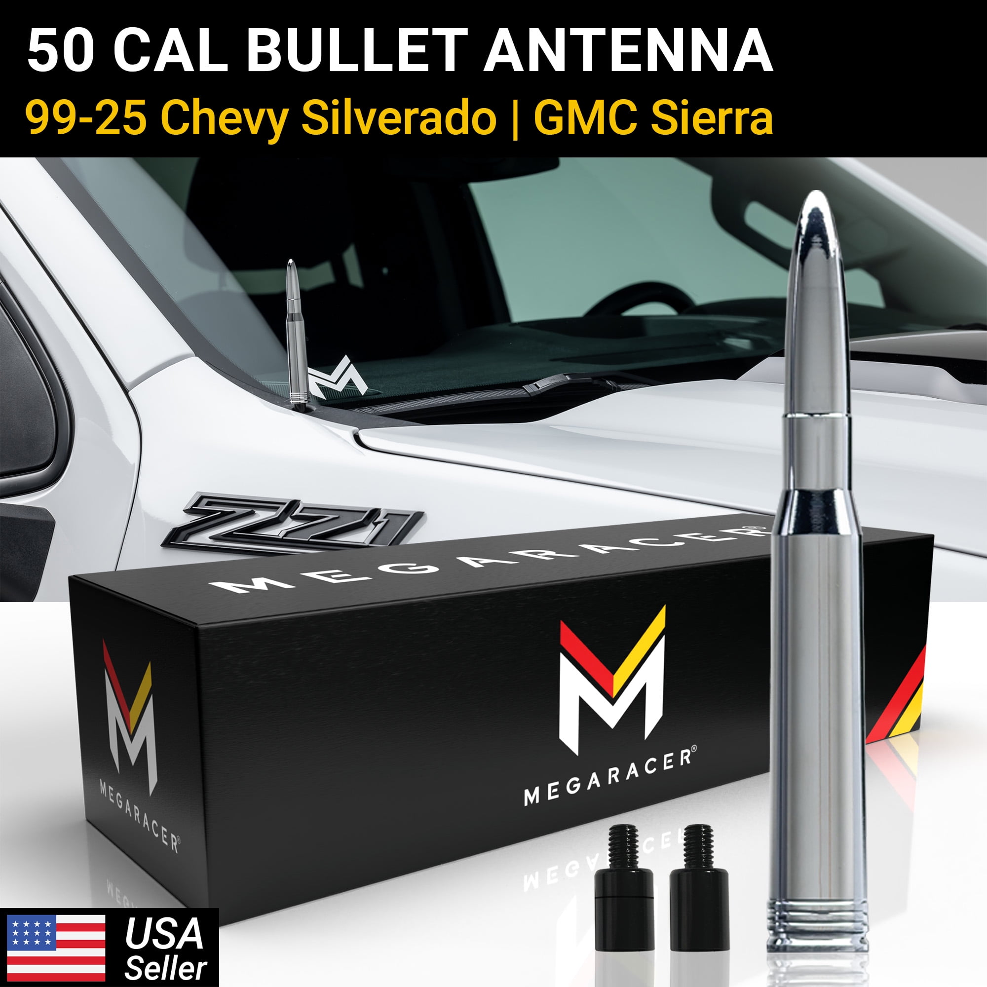 Mega Racer Silver 50 Cal Bullet Antenna for 1999-2025 Chevy Silverado ...