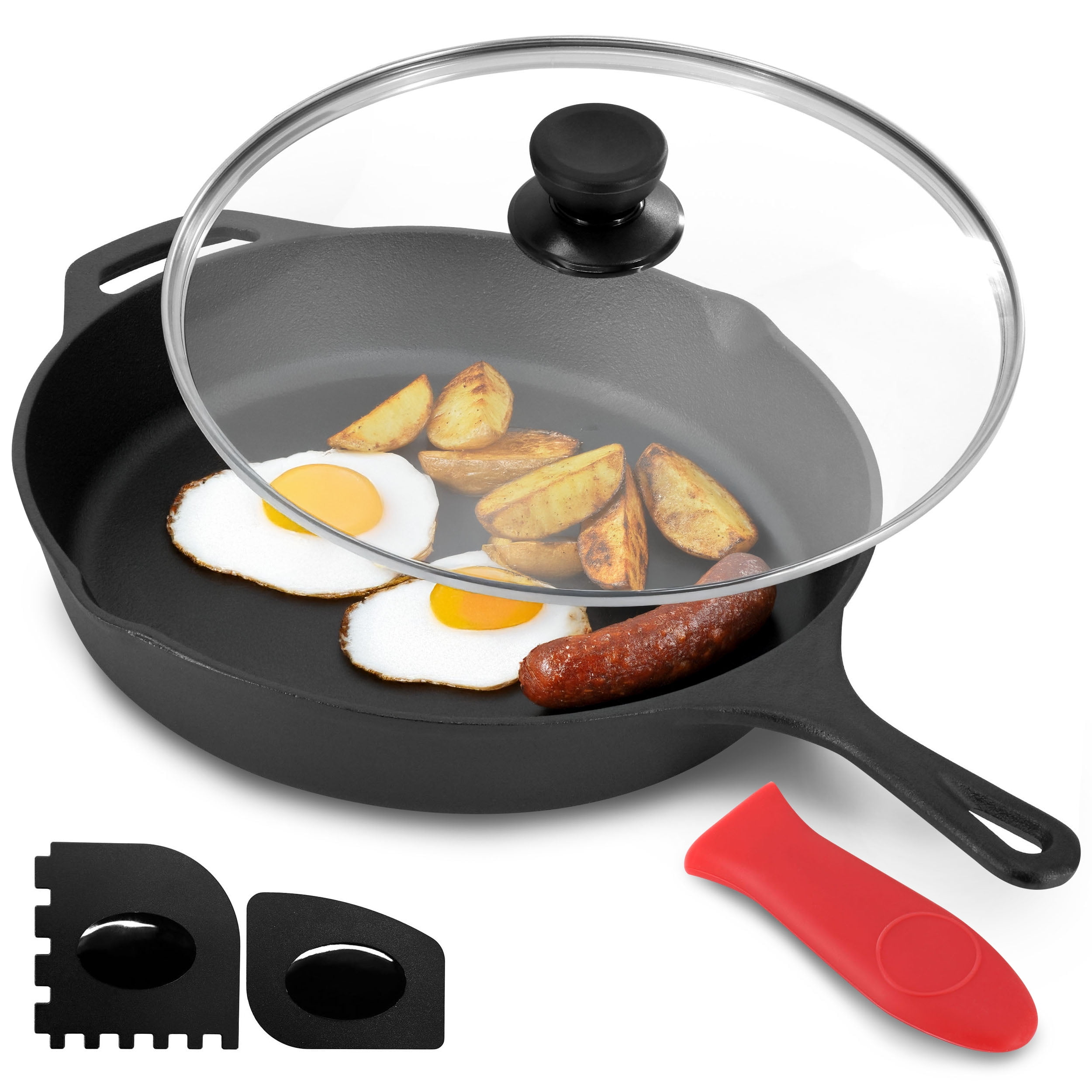 MegaChef 12 in Oven Safe Cast Iron Skillet with Tempered Glass Lid ...