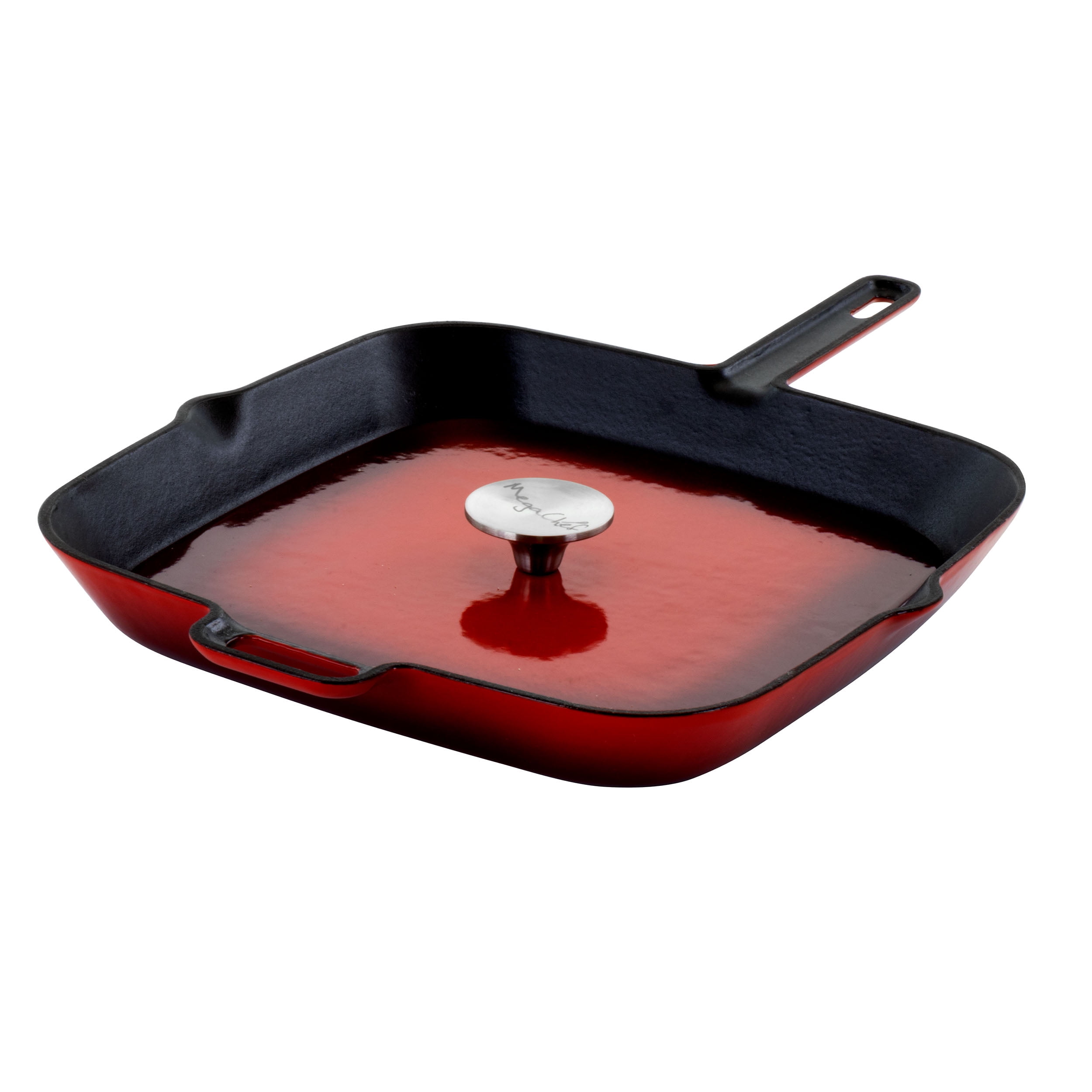 MegaChef 14 Inch Square Enamel Cast Iron Grill Pan in Red with Press ...