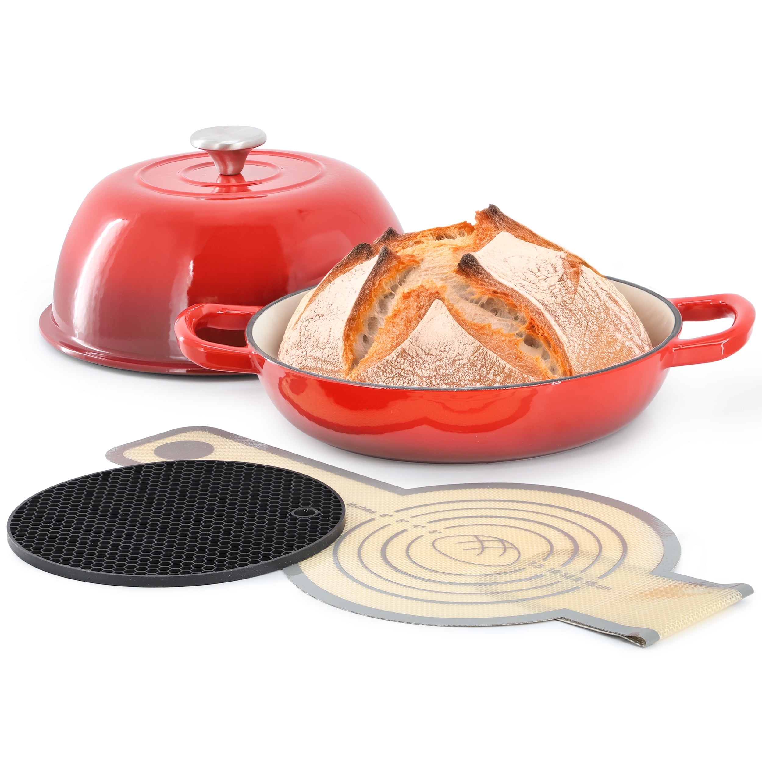 MegaChef 6 Quart Enameled Cast Iron Bread Pot in Red with Baking Mat ...