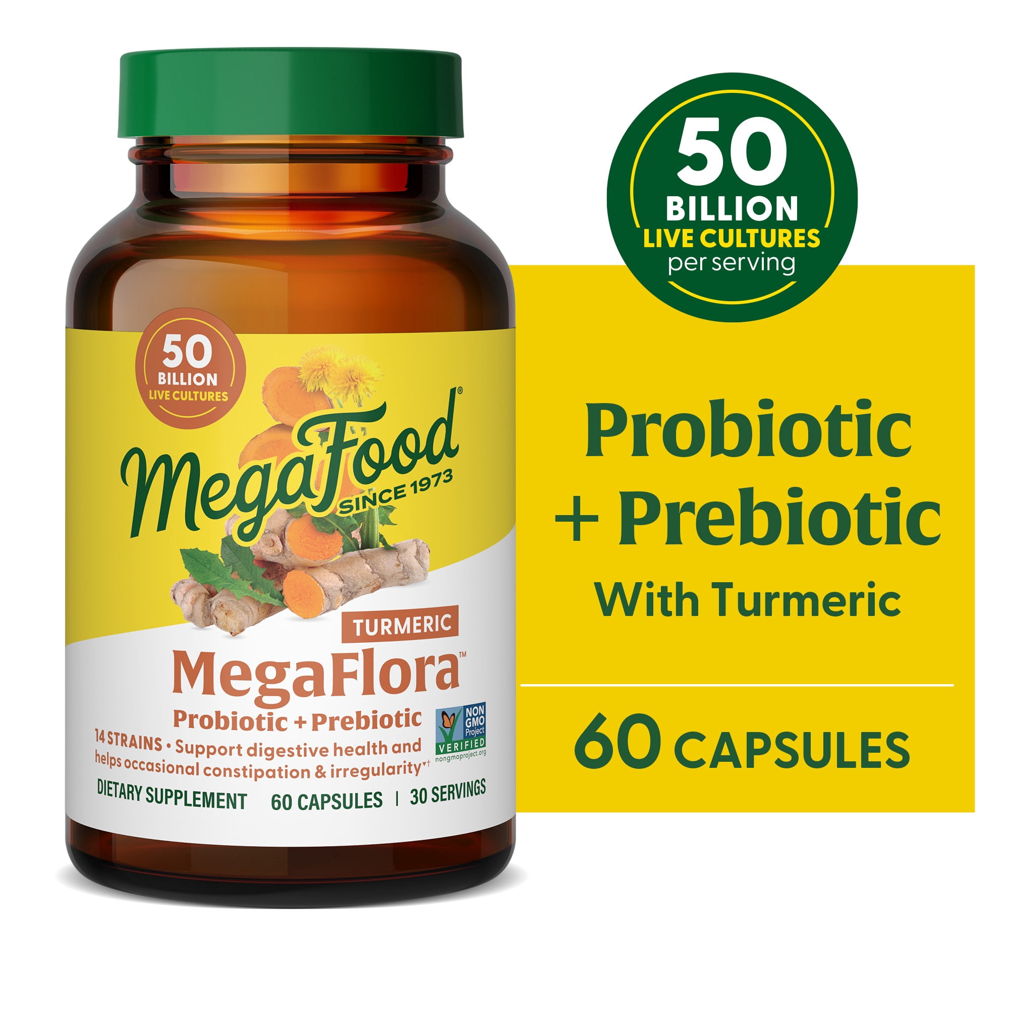 MegaFood MegaFlora Probiotic + Prebiotics + Turmeric - Digestive ...