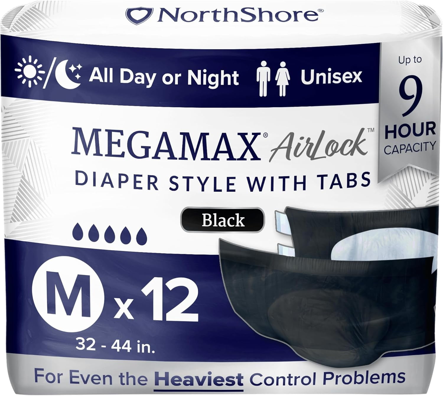 MegaMax Breathable 9-Hour Heavy-Duty Tab-Style Adult Diapers, Medium, 12 Count Bag, Black, 32-44 ...