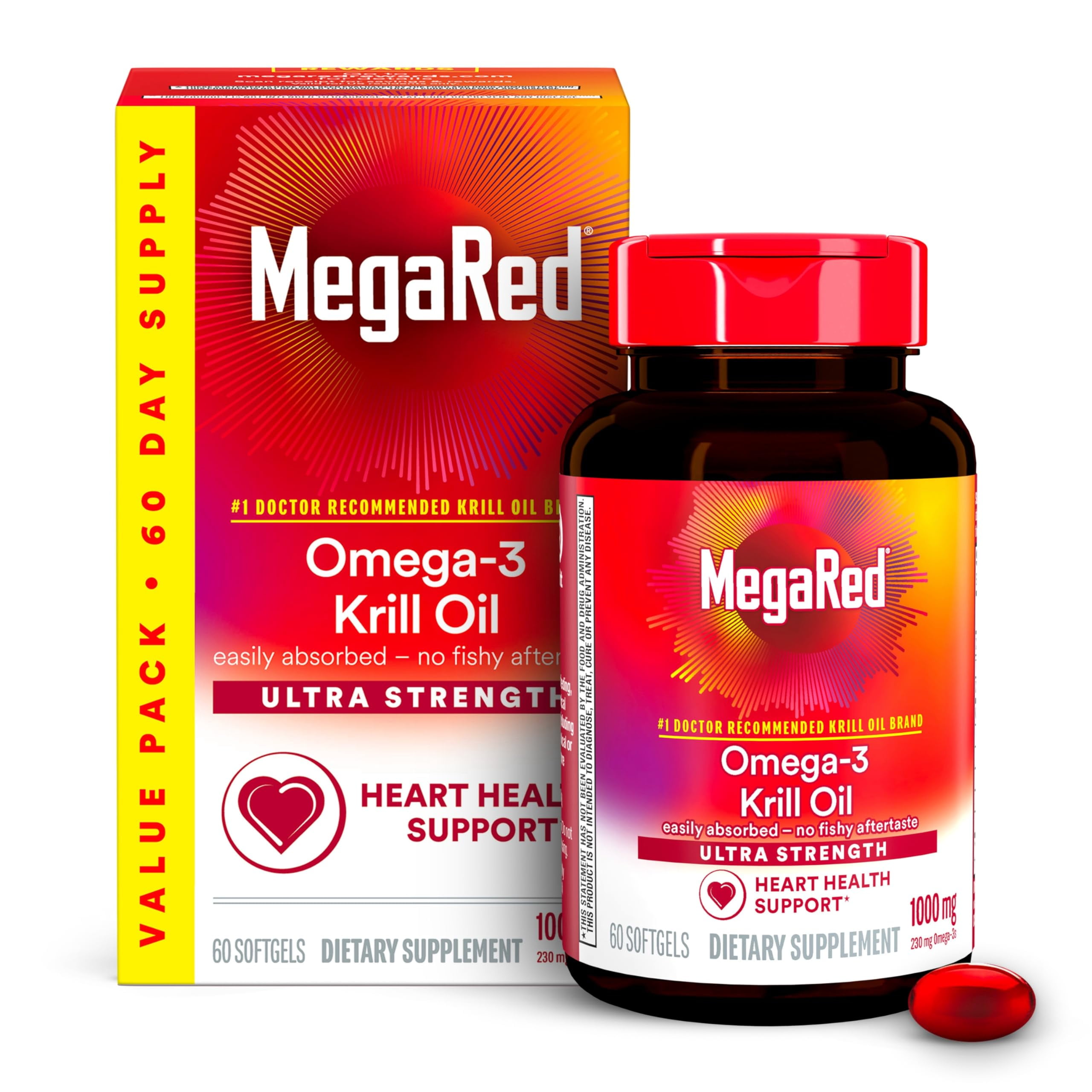 MegaRed Ultra Strength 1000mg Omega-3 Krill Oil - Supports Heart Health, No Fish Aftertaste, 60 ...
