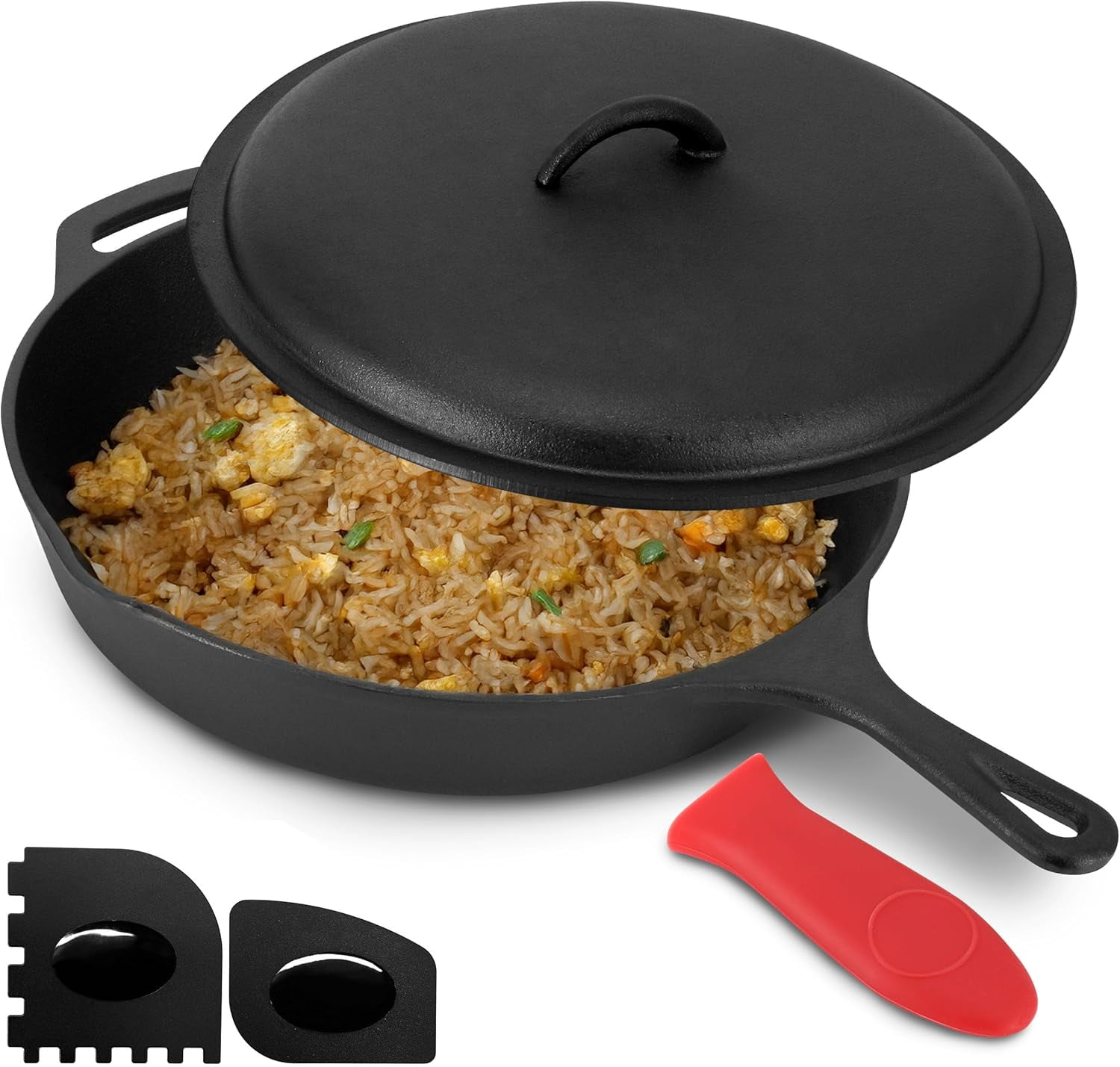 Megachef 12 Inch Pre-Seasoned Cast Iron Skillet with Cast Iron Lid ...