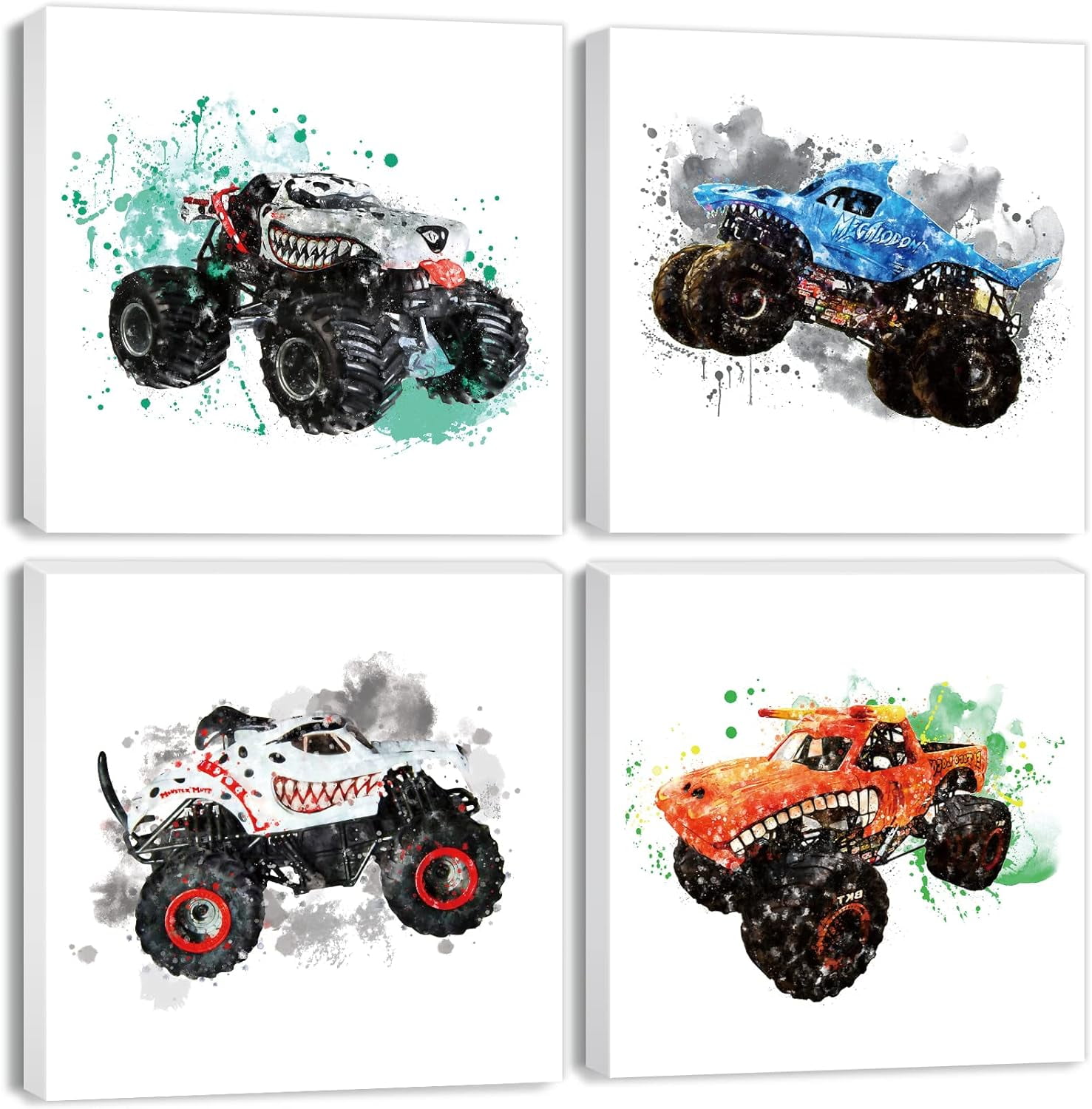 Megalodon Monster Truck Canvas Wall Decor Kids Wall Art Watercolor ...