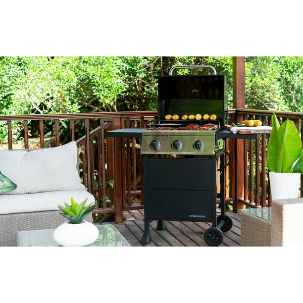 Megamaster 3-Burner Gas Grill with 2 Foldable Side Tables, 30000BTUs ...
