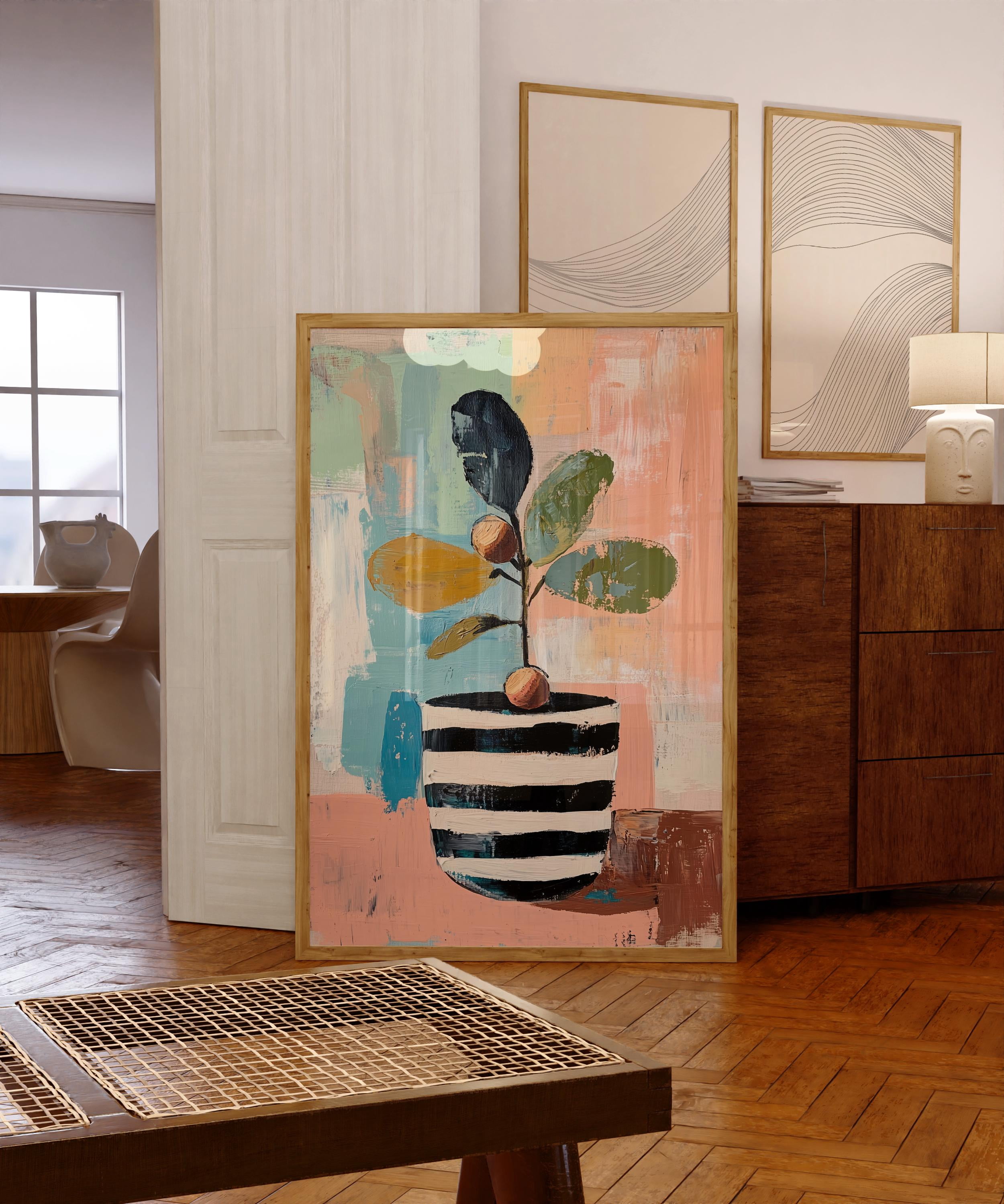 Megas Striped Pastel Flower Pot Wall Art Retro Acorn Plant Poster ...