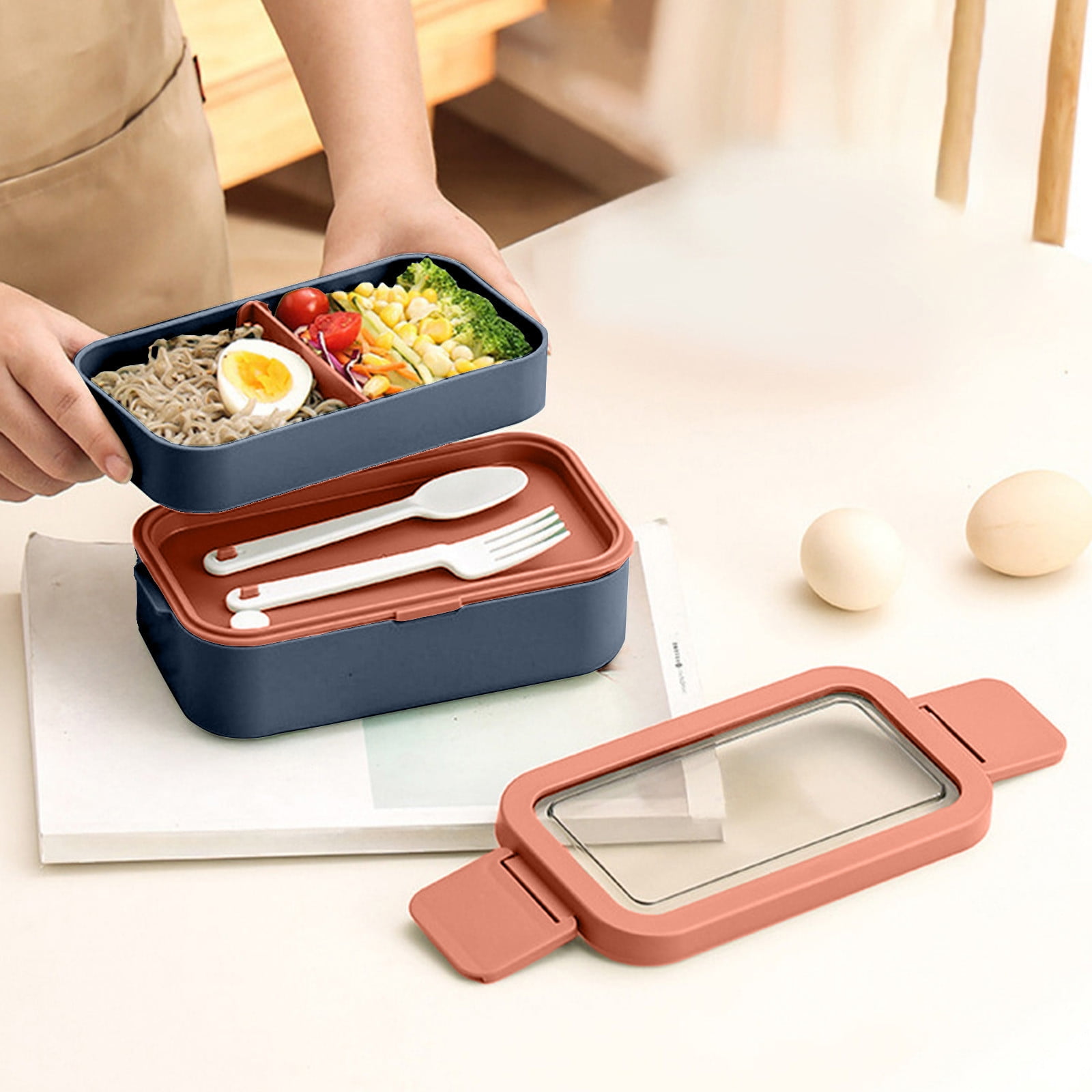 Meggemo 2.7 Pint 1350ml Double Layer Lunch Box Leakproof Design for ...