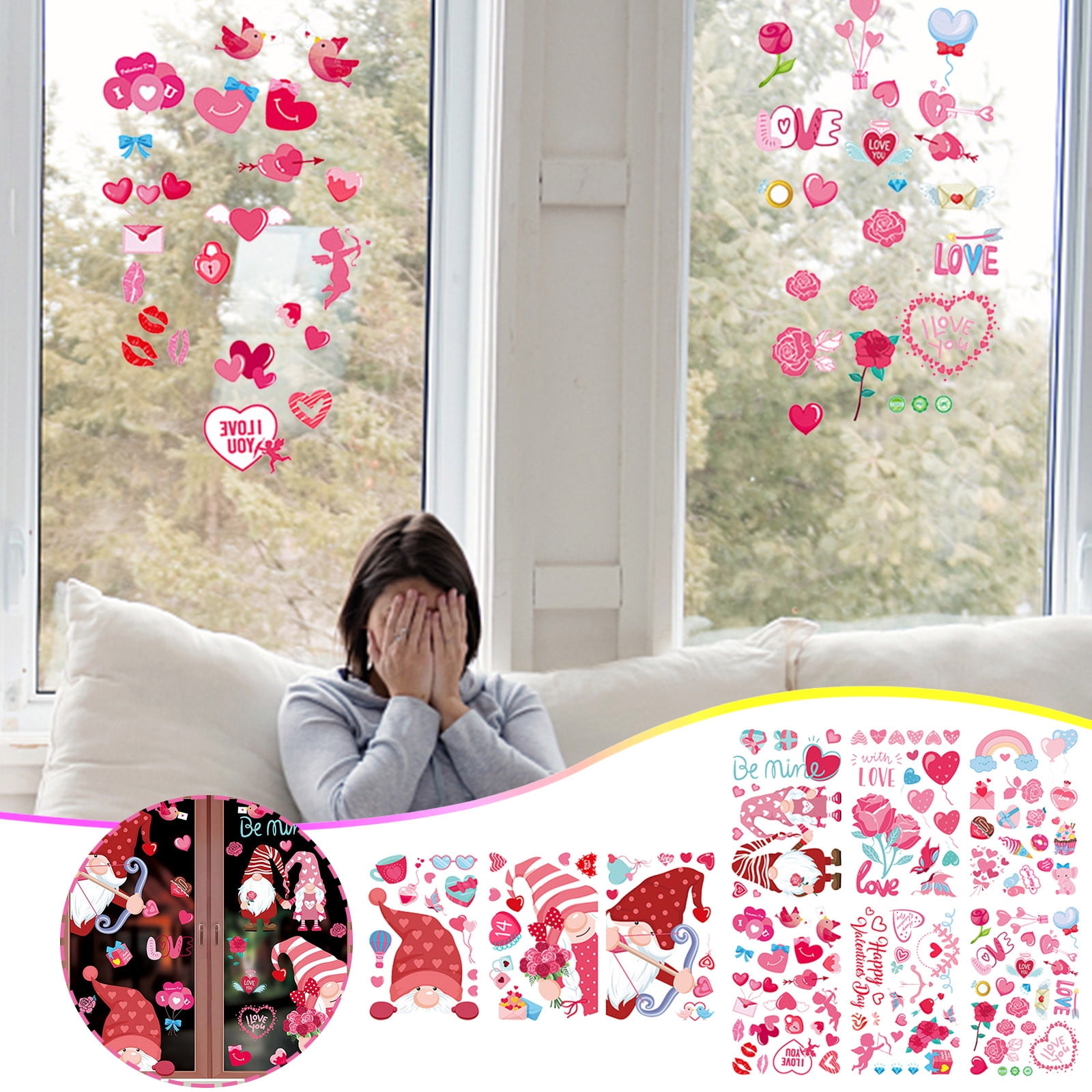Meggemo 9PCS 2025 Valentine's Day Static Cling Window Stickers Creative ...