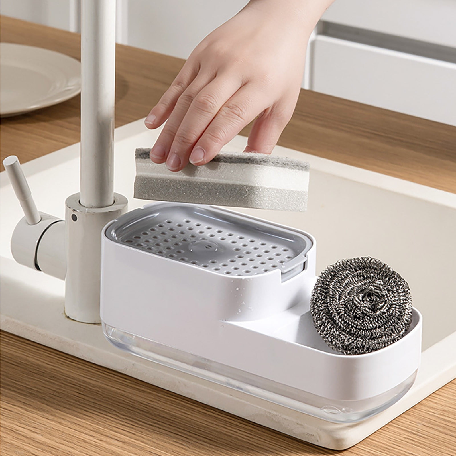 Meggemo Kitchen Soap Dispenser with Sponge Scrubber Press Type Liquid ...