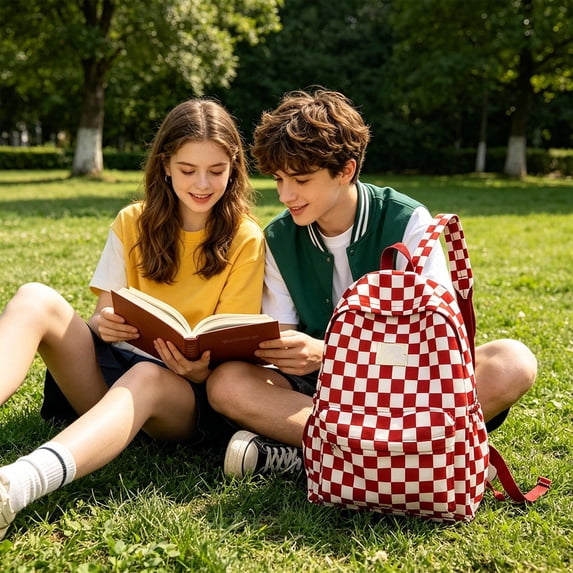 Meggemo Korean Style Checkerboard Backpack Red Plaid Casual Backpack ...