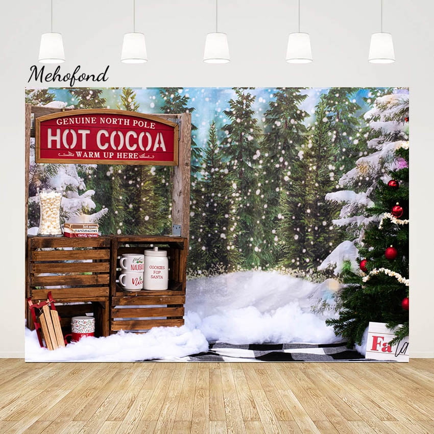 Mehofond Christmas Backdrop Winter Snow Gift Hot Cocoa Bar Forest Tree Family Festival Portrait ...