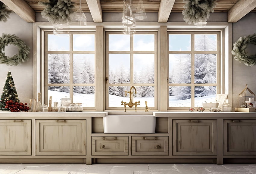 Mehofond Christmas Background Indoor Wooden Kitchen Window For Family ...