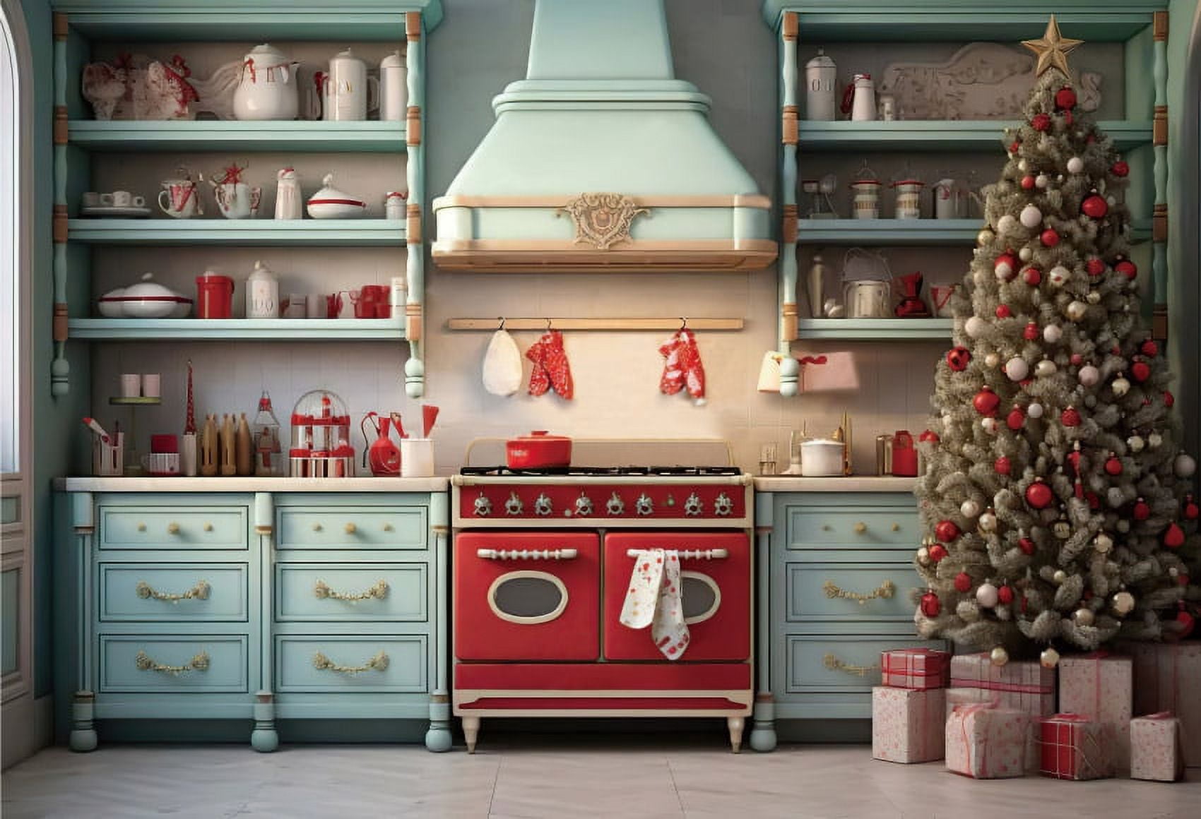 Mehofond Christmas Kitchen Backdrop Kitchenware Cabinet Family Xmas ...