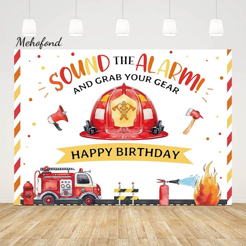 Mehofond Fire Truck Firemen Party Backdrops Happy Birthday Sound the ...