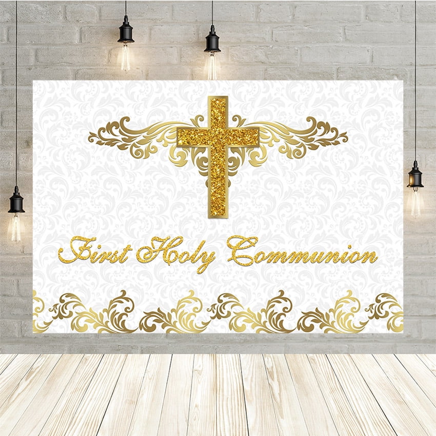 Mehofond First Holy Communion Backdrop Gold Cross God Baptism Angel ...