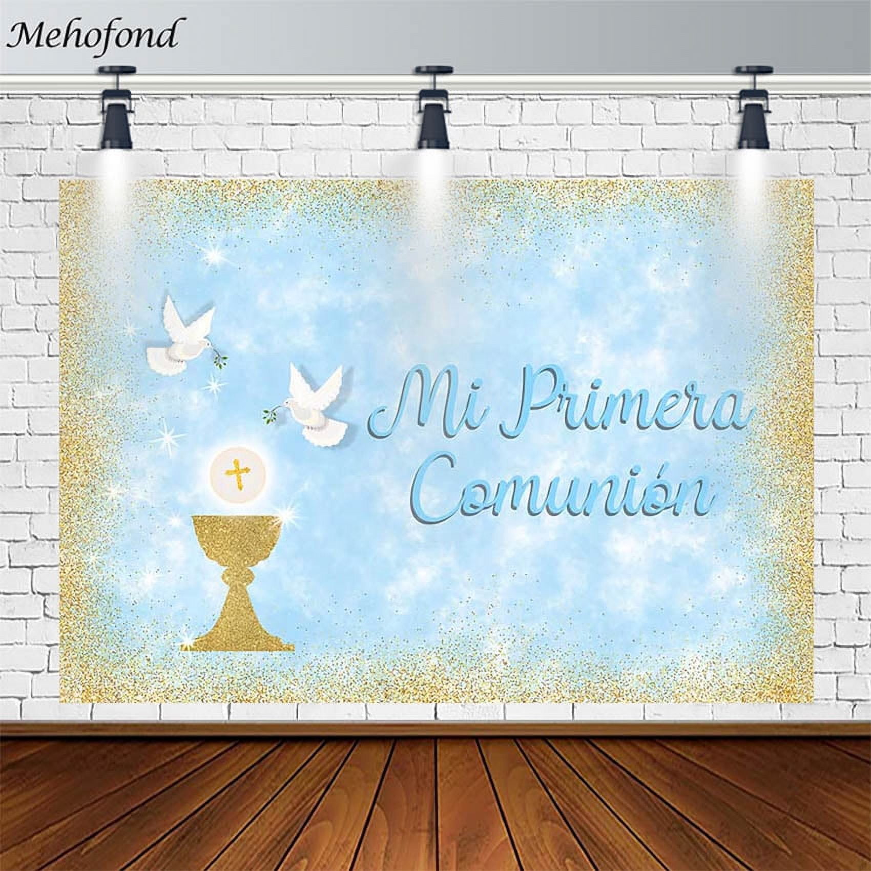 Mehofond My First Communion Backdrop Dove Cross Golden Shiny Blue ...