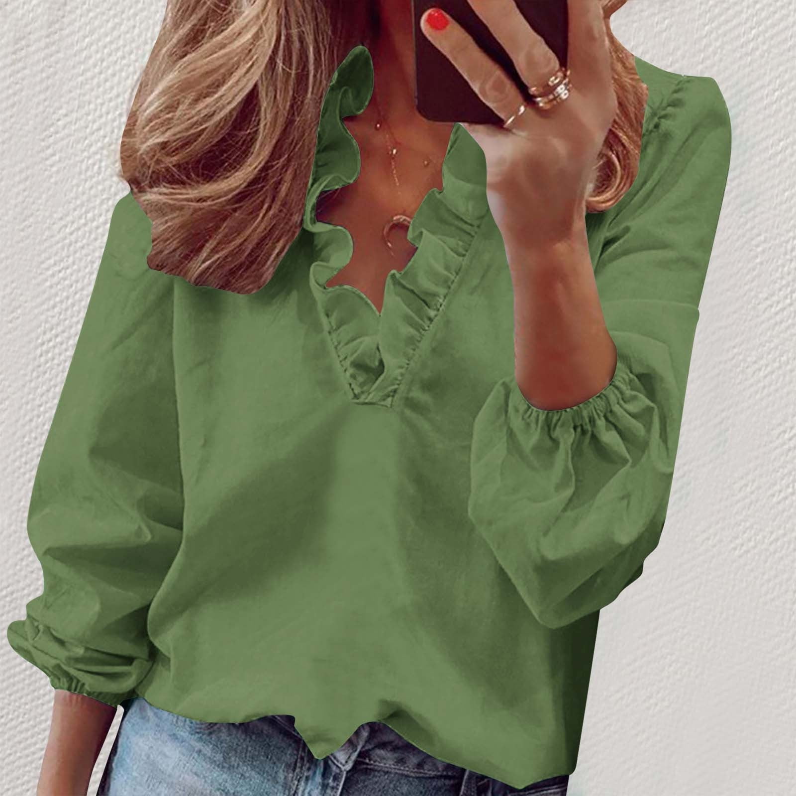 Meichang Blouses for Women Dressy Casual Ruffle V Neck Puff Long Sleeve ...