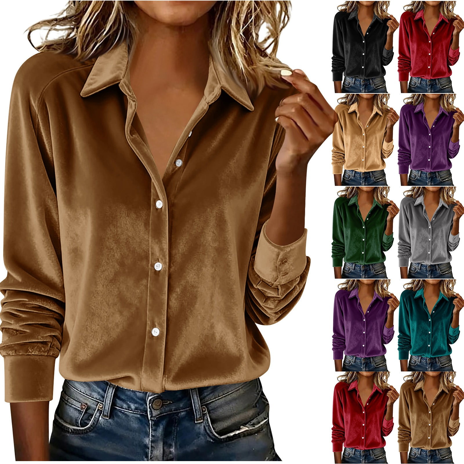 Meichang Button Down Shirts for Women Vintage Velvet Tops Dressy Casual ...