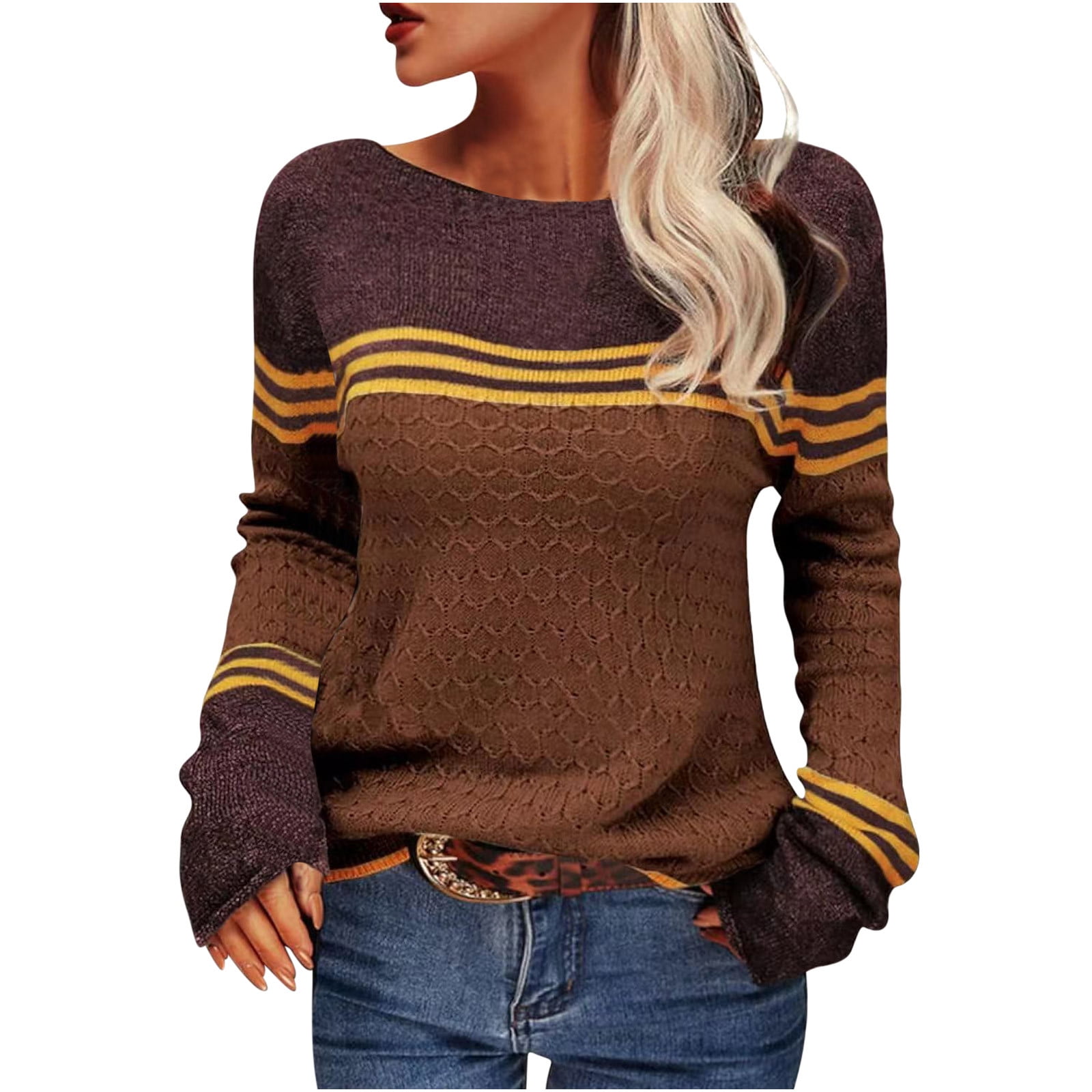 Meichang Color Block Striped Sweater Women Long Sleeve Crew Neck Chunky ...