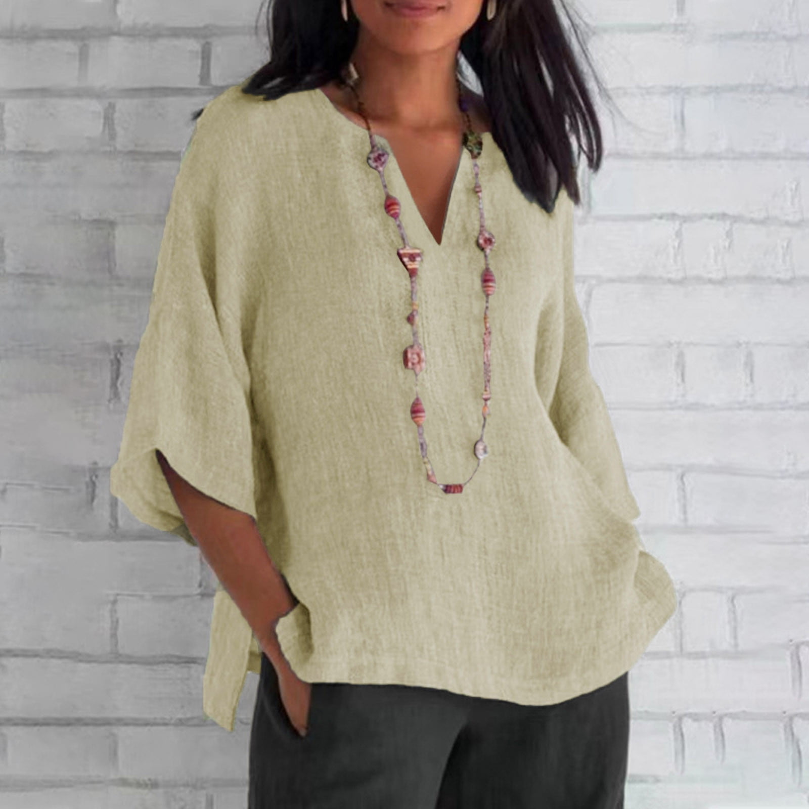 Meichang Cotton Linen Tops for Women 3/4 Sleeve V Neck T Shirts Shirts ...
