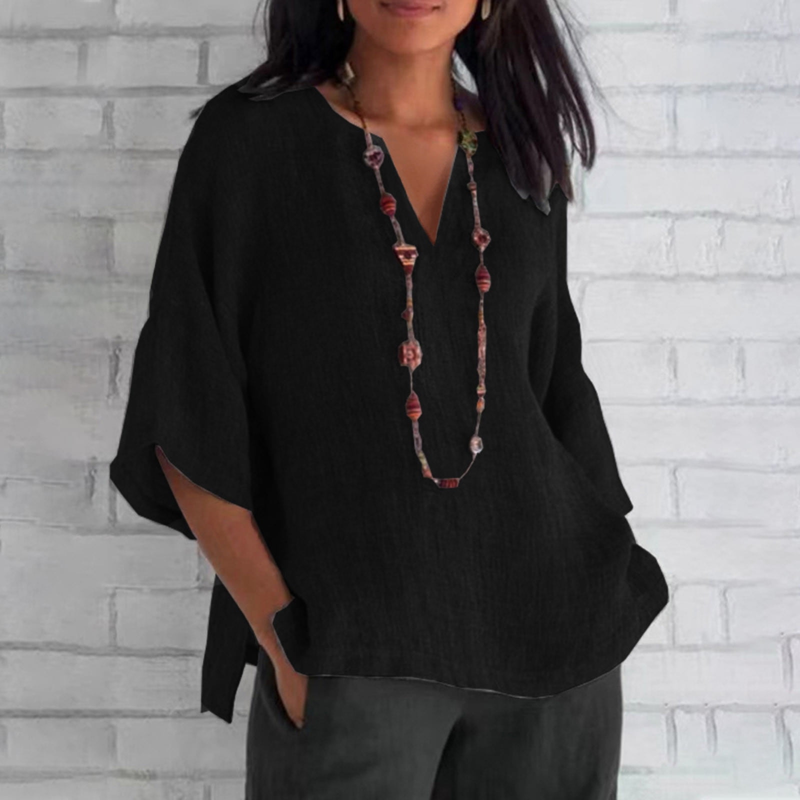 Meichang Cotton Linen Tops for Women 3/4 Sleeve V Neck T Shirts Shirts ...