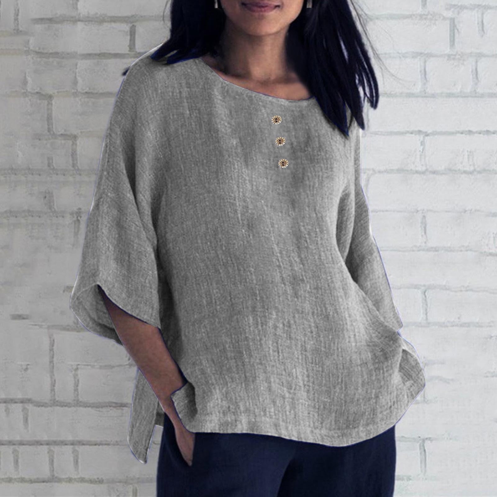 Meichang Cotton Linen Tops for Women Plus Size 3/4 Sleeve Crewneck ...