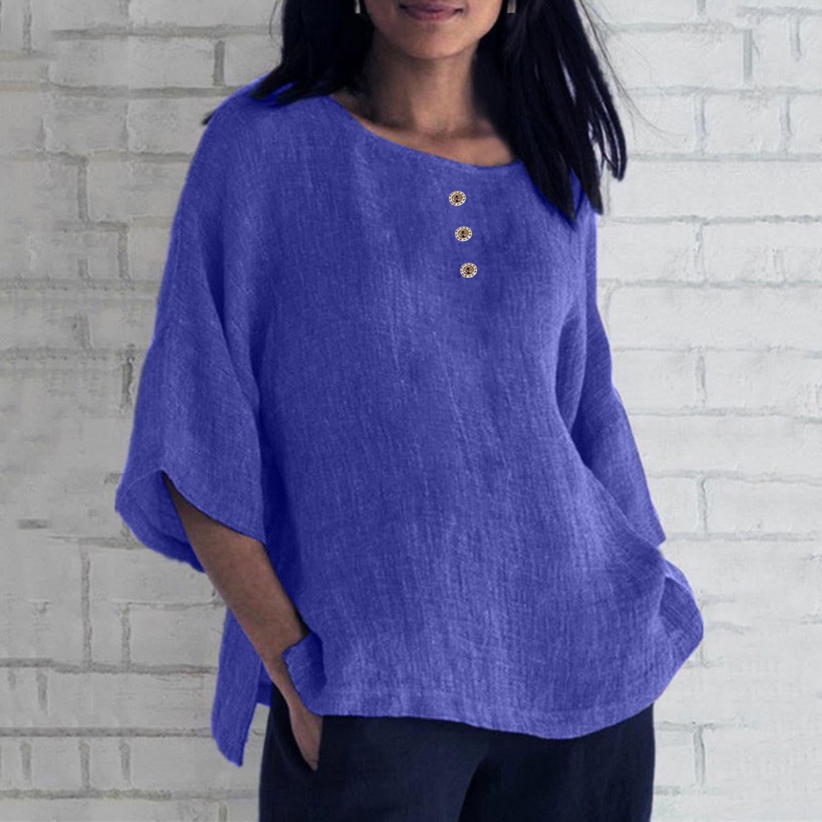Meichang Cotton Linen Tops for Women Plus Size 3/4 Sleeve Crewneck ...
