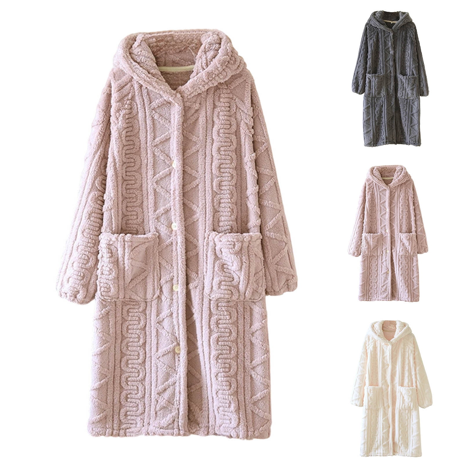 Meichang Cotton Robes for Women Hooded Plush Fleece Long Sleeve Button ...