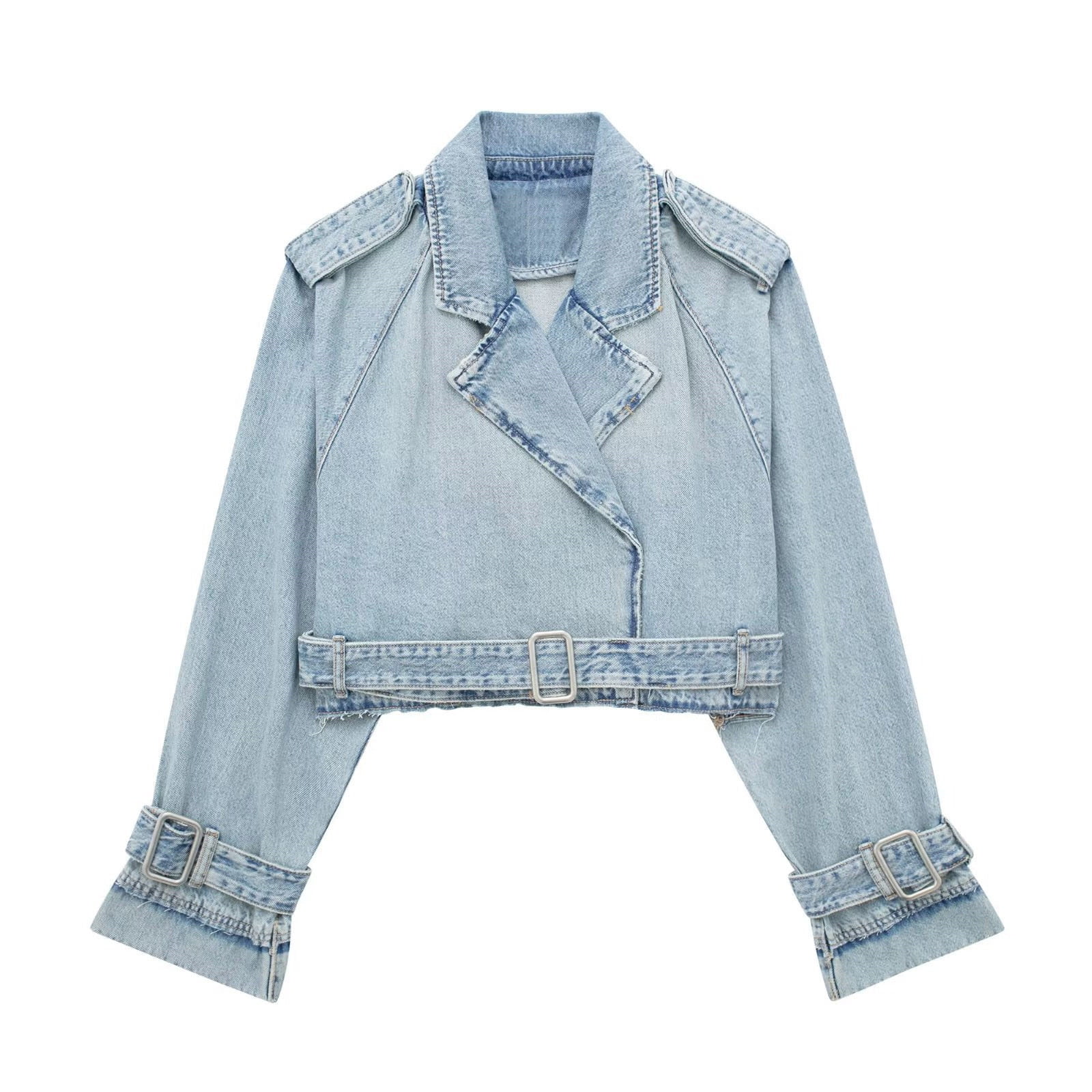 Meichang Cropped Jean Jacket Women with Belt Long Sleeve Collar ...