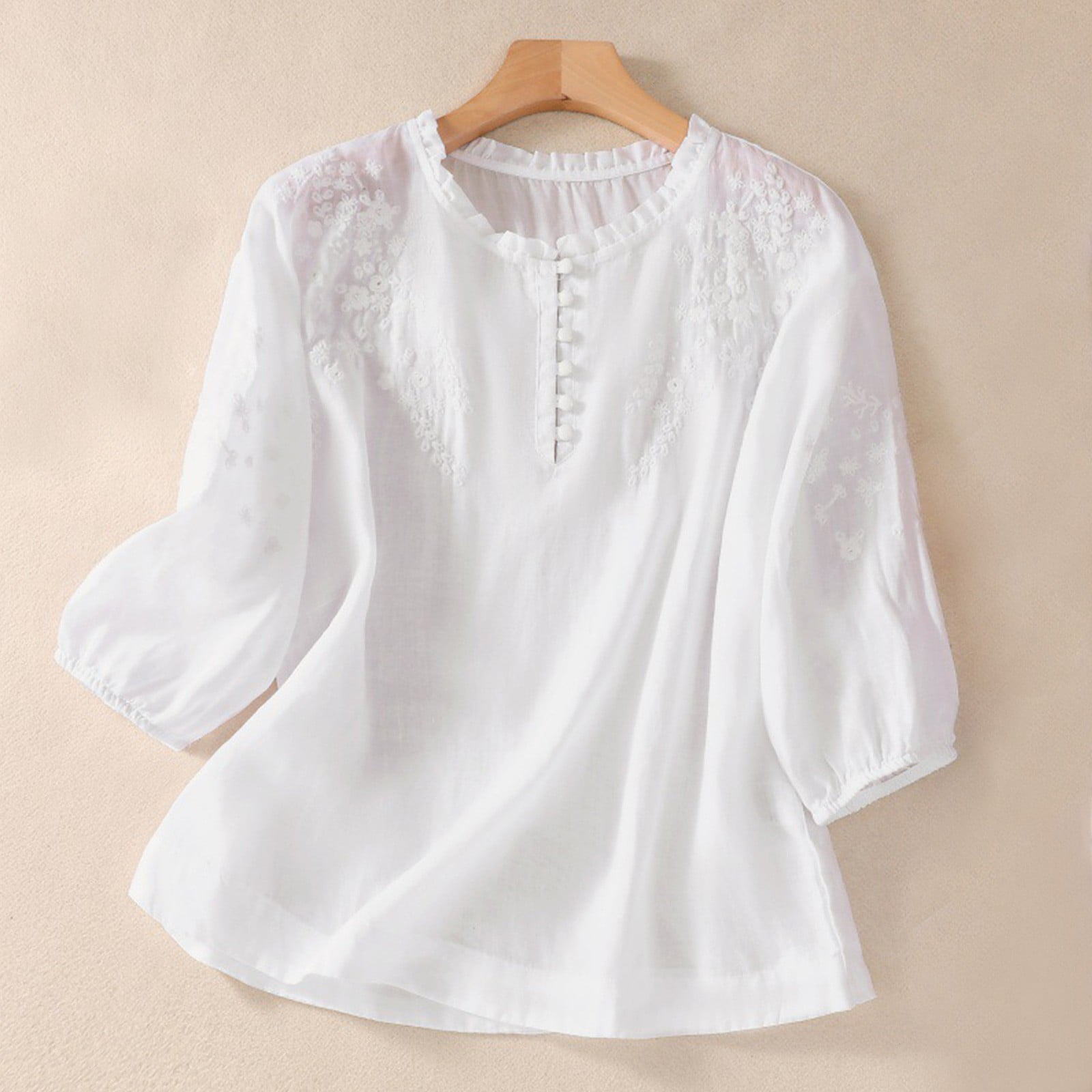Meichang Embroidered Linen Blouses For Women Retro Henley Neck 3/4 ...