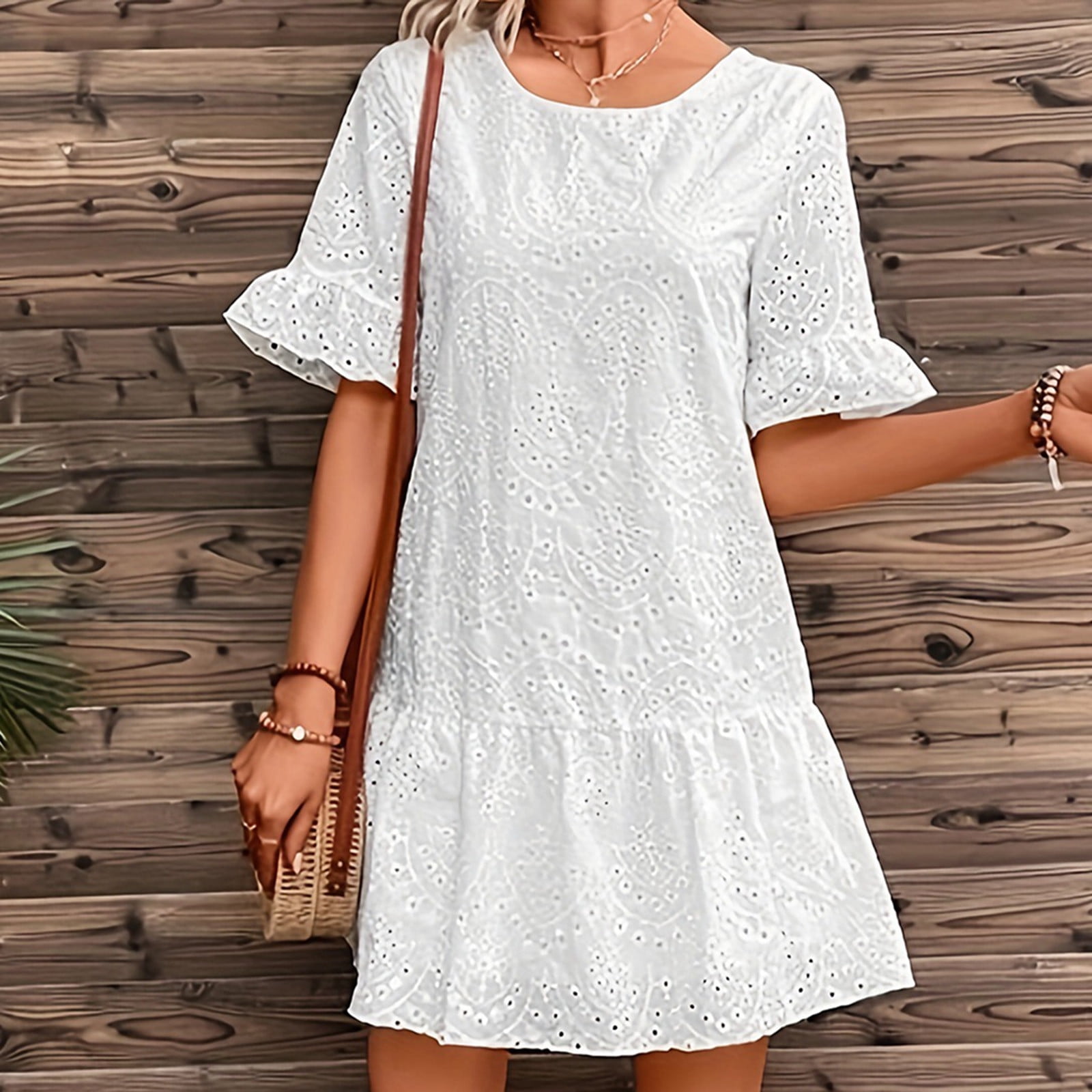 Meichang Eyelet Summer Dresses for Women Crew Neck Short Sleeve Ruffle ...