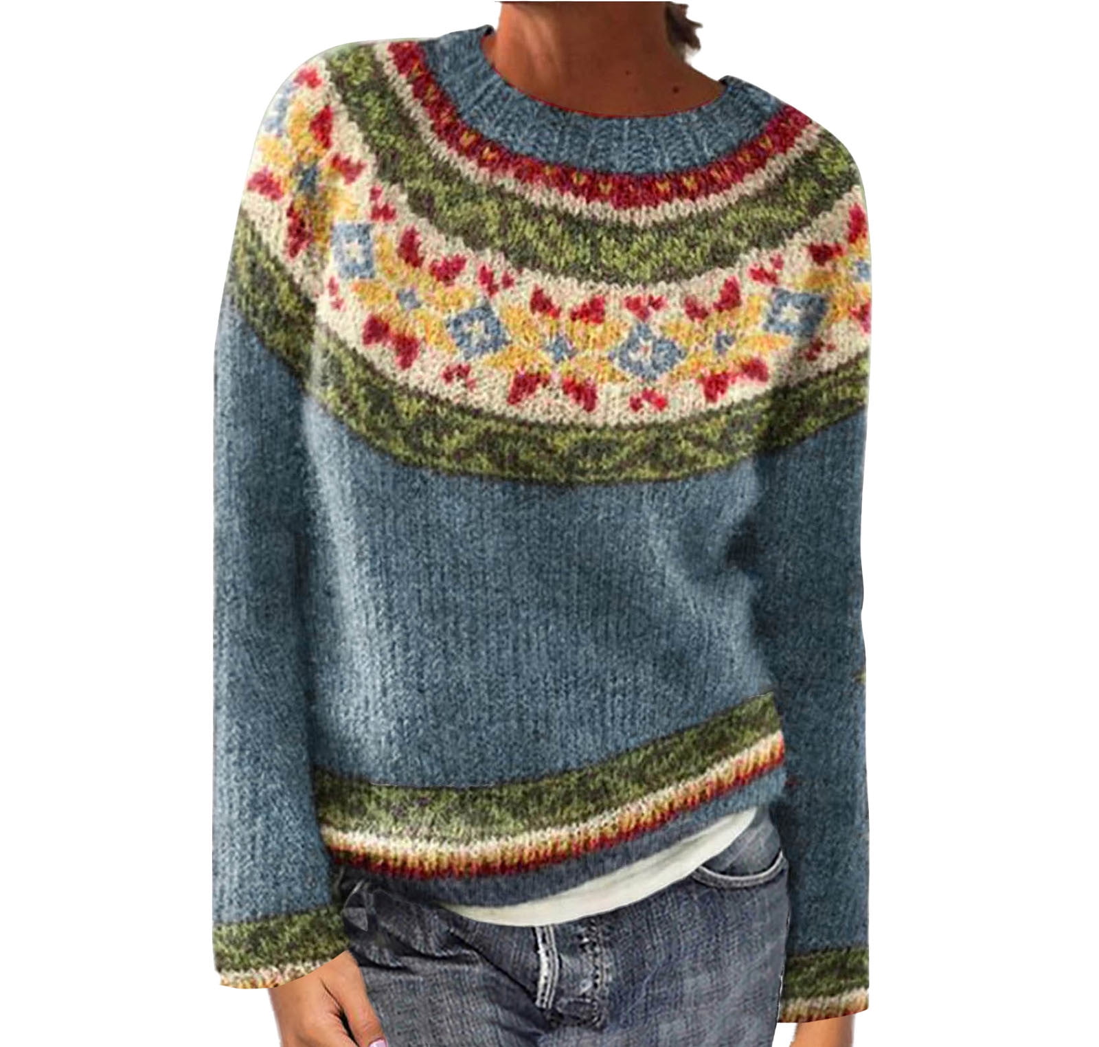 Meichang Fair Isle Sweater Women Knit Pullover Tops Long Sleeve ...