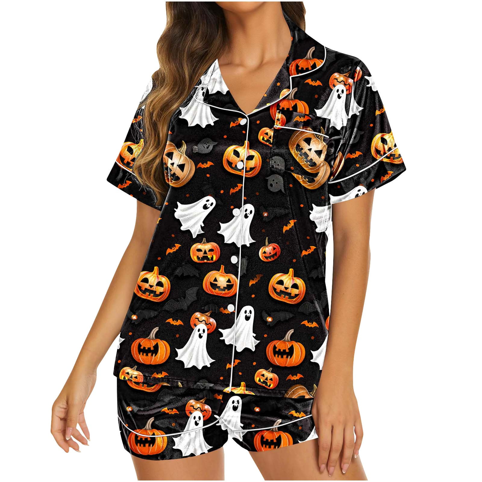 Meichang Halloween Womens Pajamas Set Short Sleeve Sleepwear Button ...