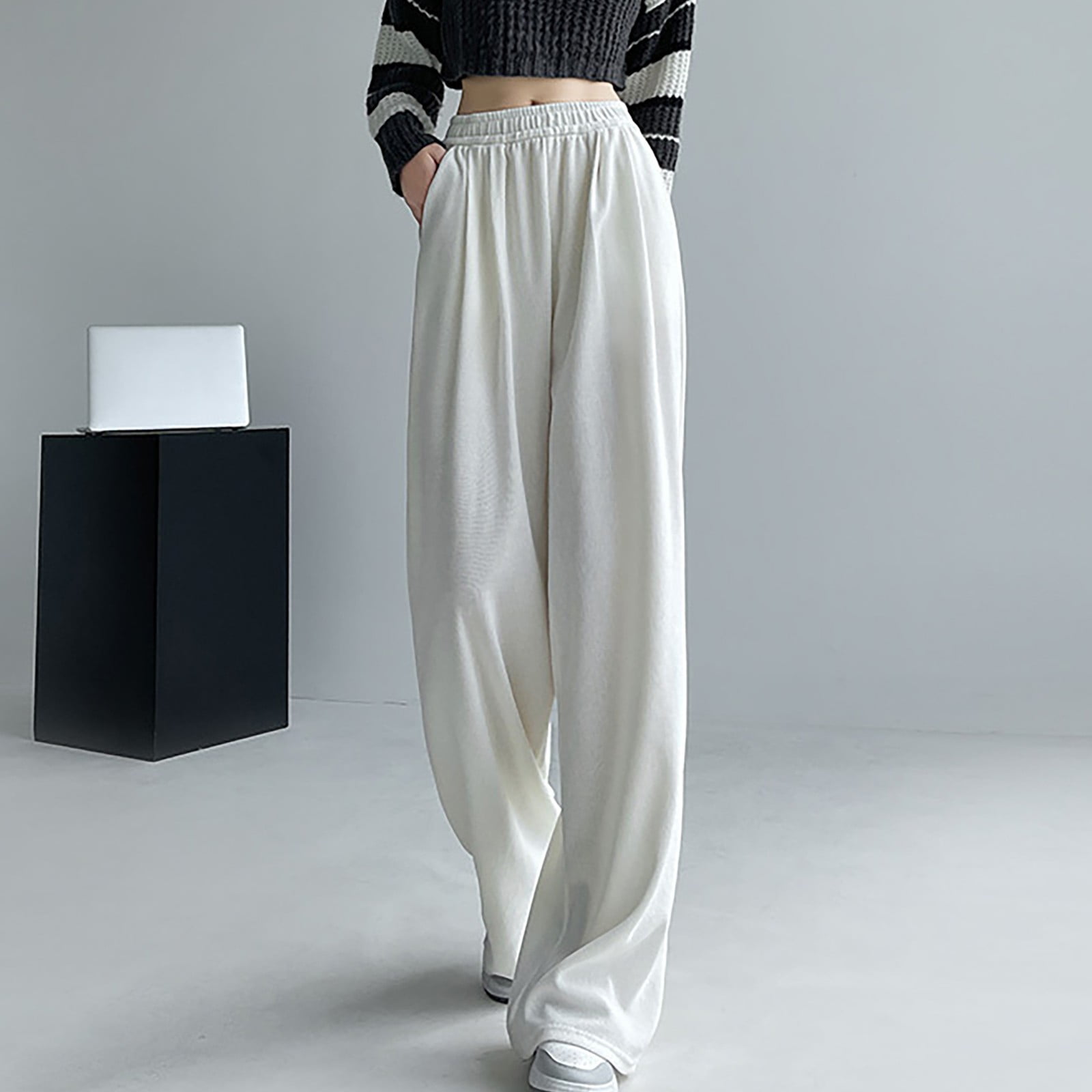 Meichang High Waisted Wide Leg Pants Solid Sweatpants Elastic Waisted ...
