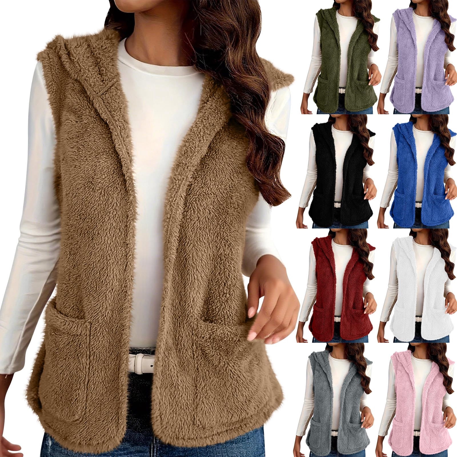 Meichang Hooded Fuzzy Fleece Vest Women Sleeveless Sherpa Vest Open ...