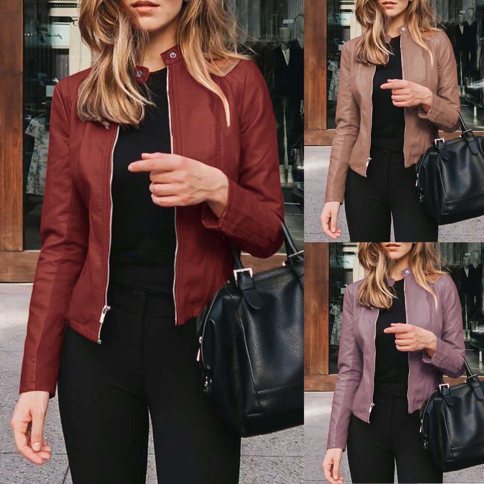 Meichang Leather Jacket for Women Zip Up Suit Jackets Slim Fit Coats ...