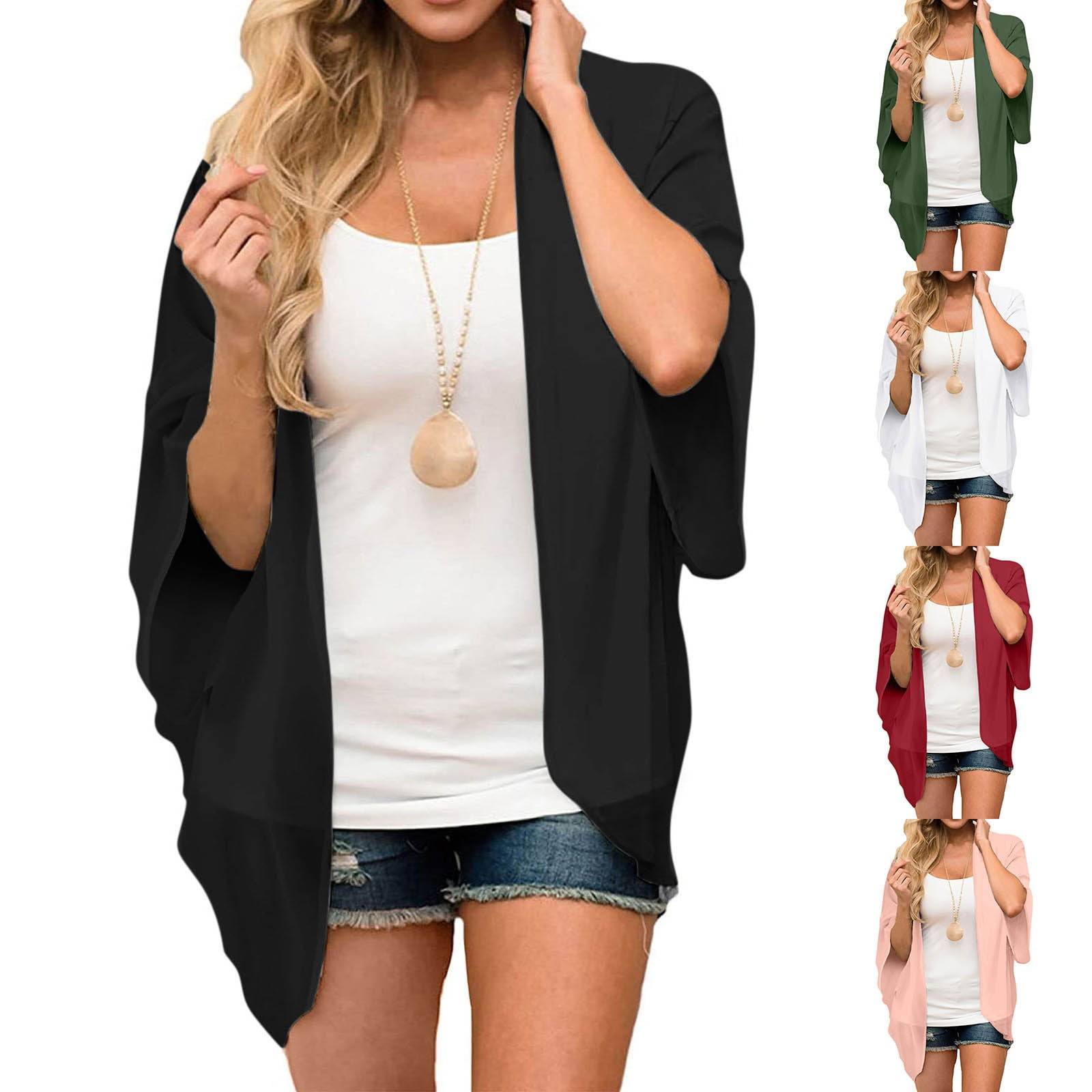Meichang Light Weight Cardigan Women 3/4 Sleeve Open Front Chiffon ...