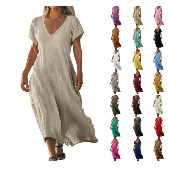 Meichang Linen Dresses for Women 2025 Casual Flowy V Neck Short Sleeve ...
