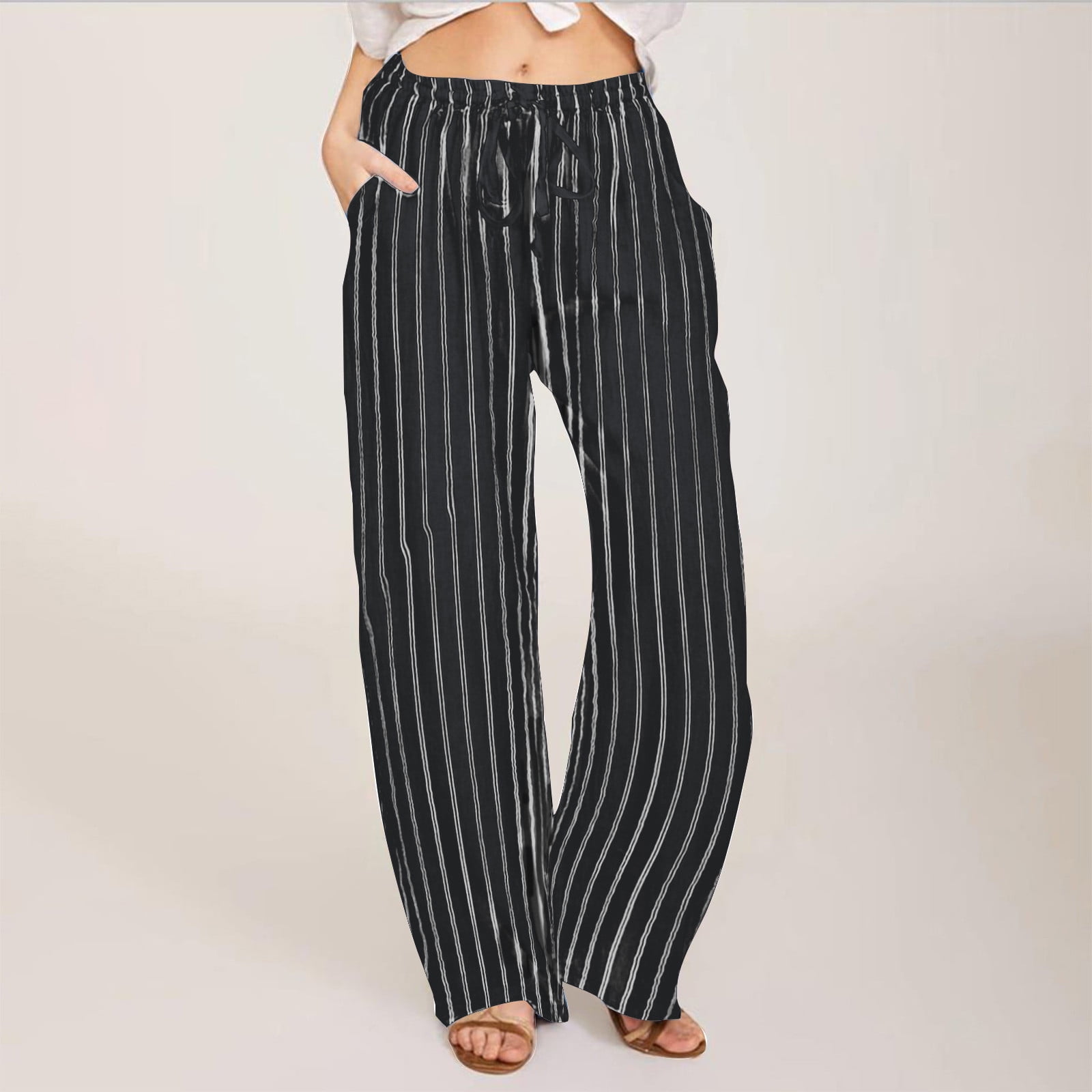 Meichang Linen Pants for Women Fashion Striped Lounge Pants Drawstring ...