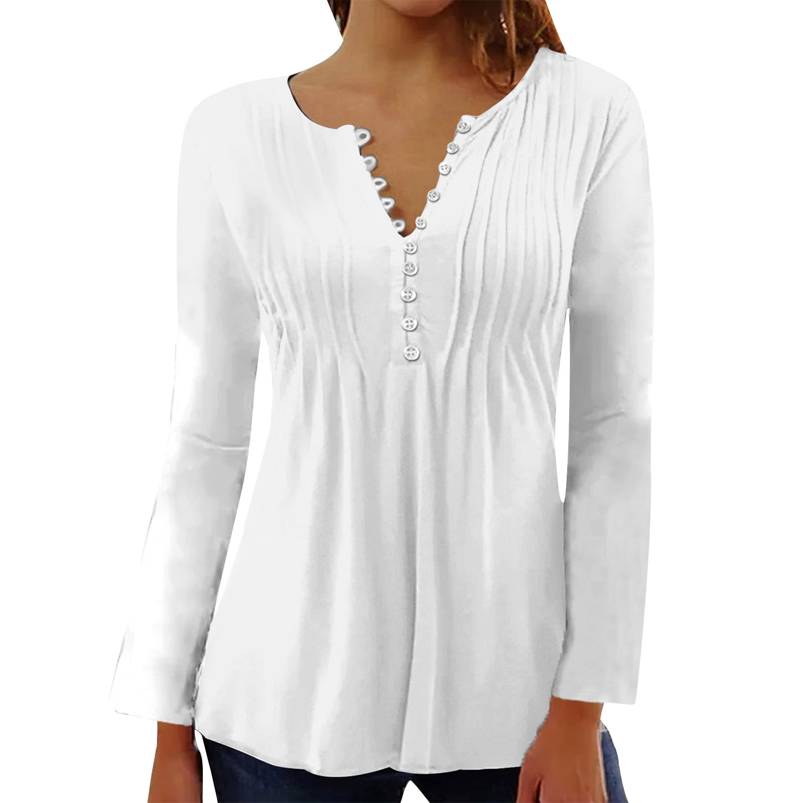 Meichang Long Sleeve Hide Belly Womens Tops Pleated Button V Neck Shirt ...