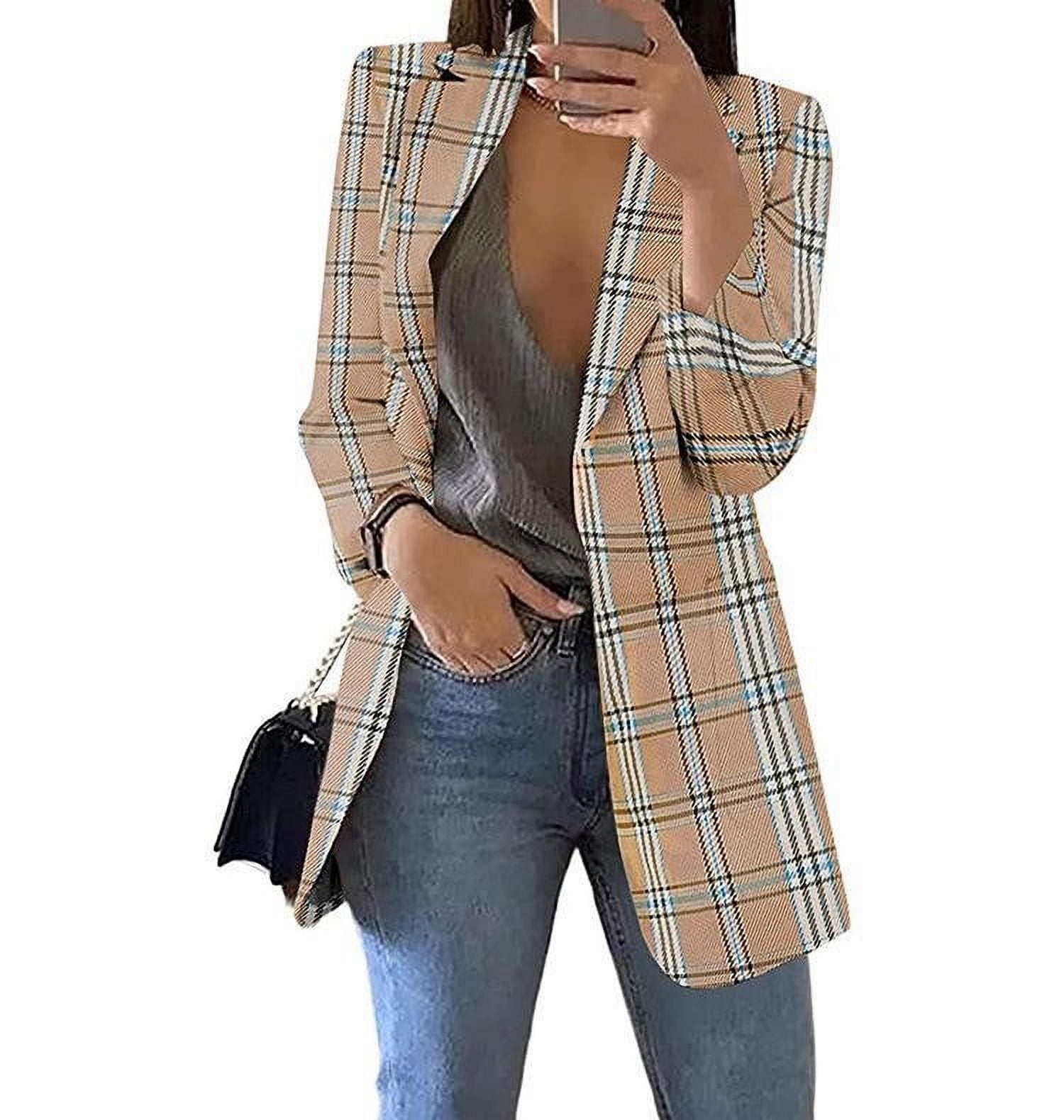 Meichang Plaid Blazers for Women Business Casual Open Front Jacket ...