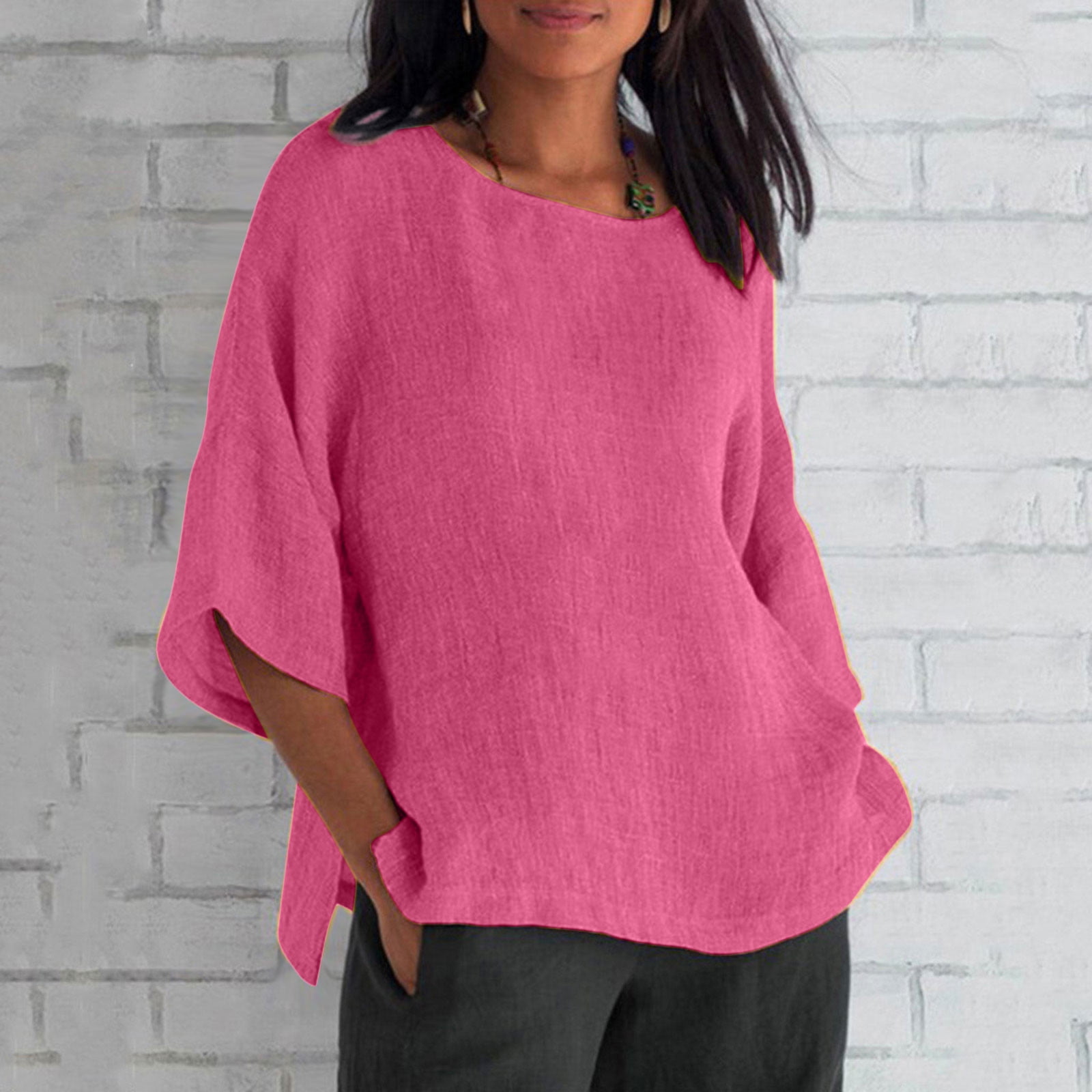 Meichang Plus Size Cotton Linen Tops for Women 3/4 Sleeve Crew Neck T ...