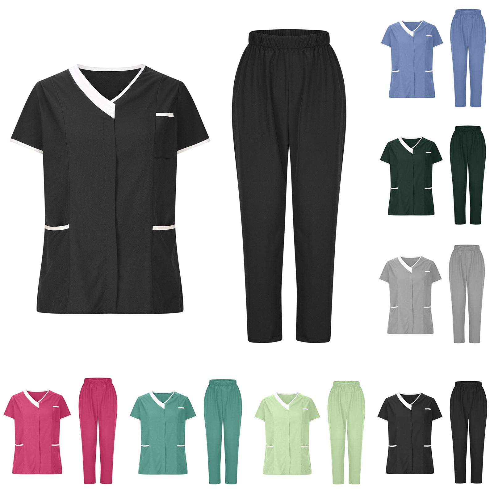 Meichang Scrubs for Women Sets V Neck Short Sleeve Scrub Top with ...